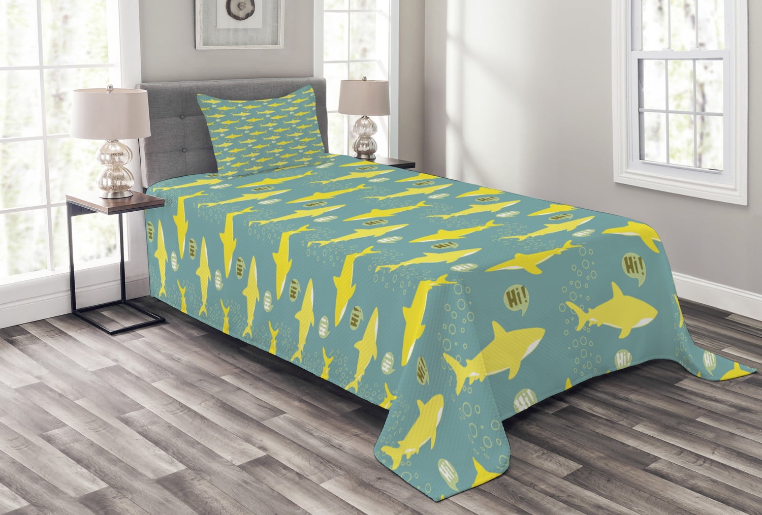 Ambesonne Shark Quilted Bedspread Set 2 Pcs, Friendly Yellow Fishes ...
