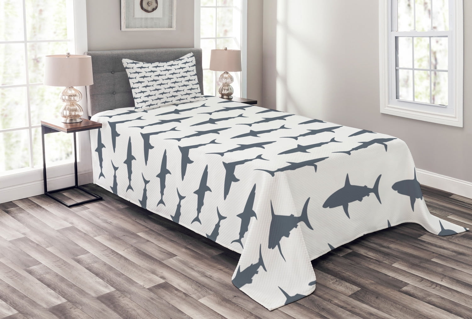 Ambesonne Shark Quilted Bedspread Set 2 Pcs, Swimming Wild Fishes, Twin ...