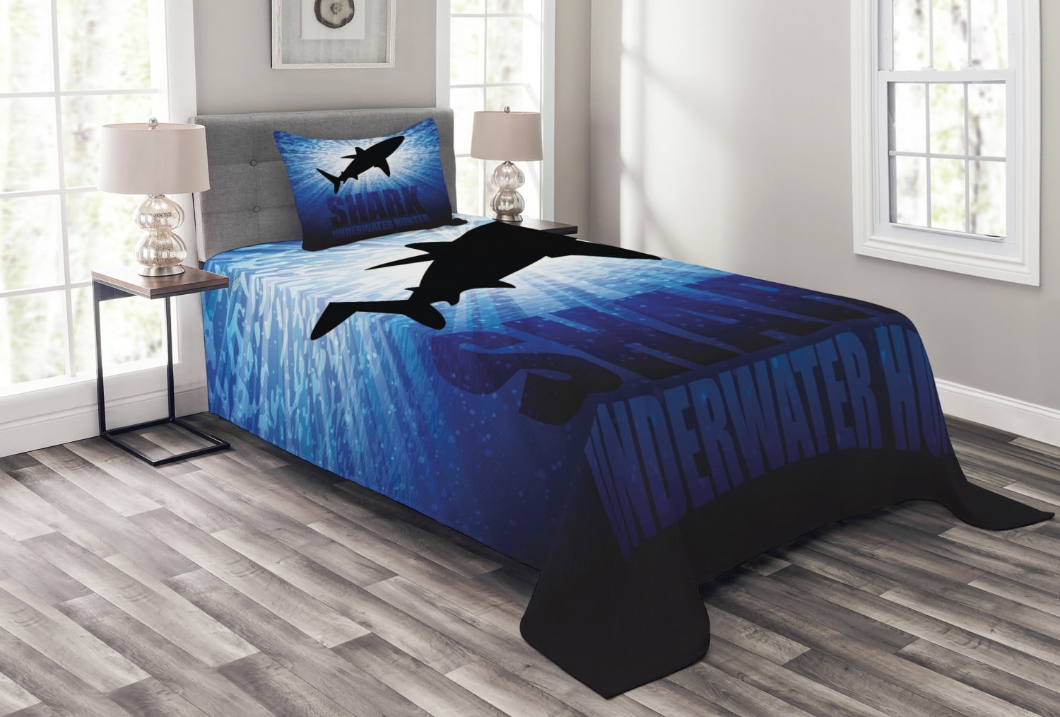 Ambesonne Shark Quilted Bedspread Set 2 Pcs, Underwater Hunter Danger ...