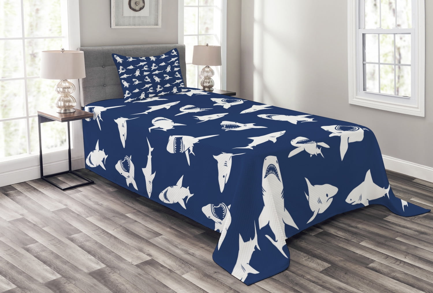 Ambesonne Shark Quilted Bedspread Set 2 Pcs, Various Gestures Humorous ...