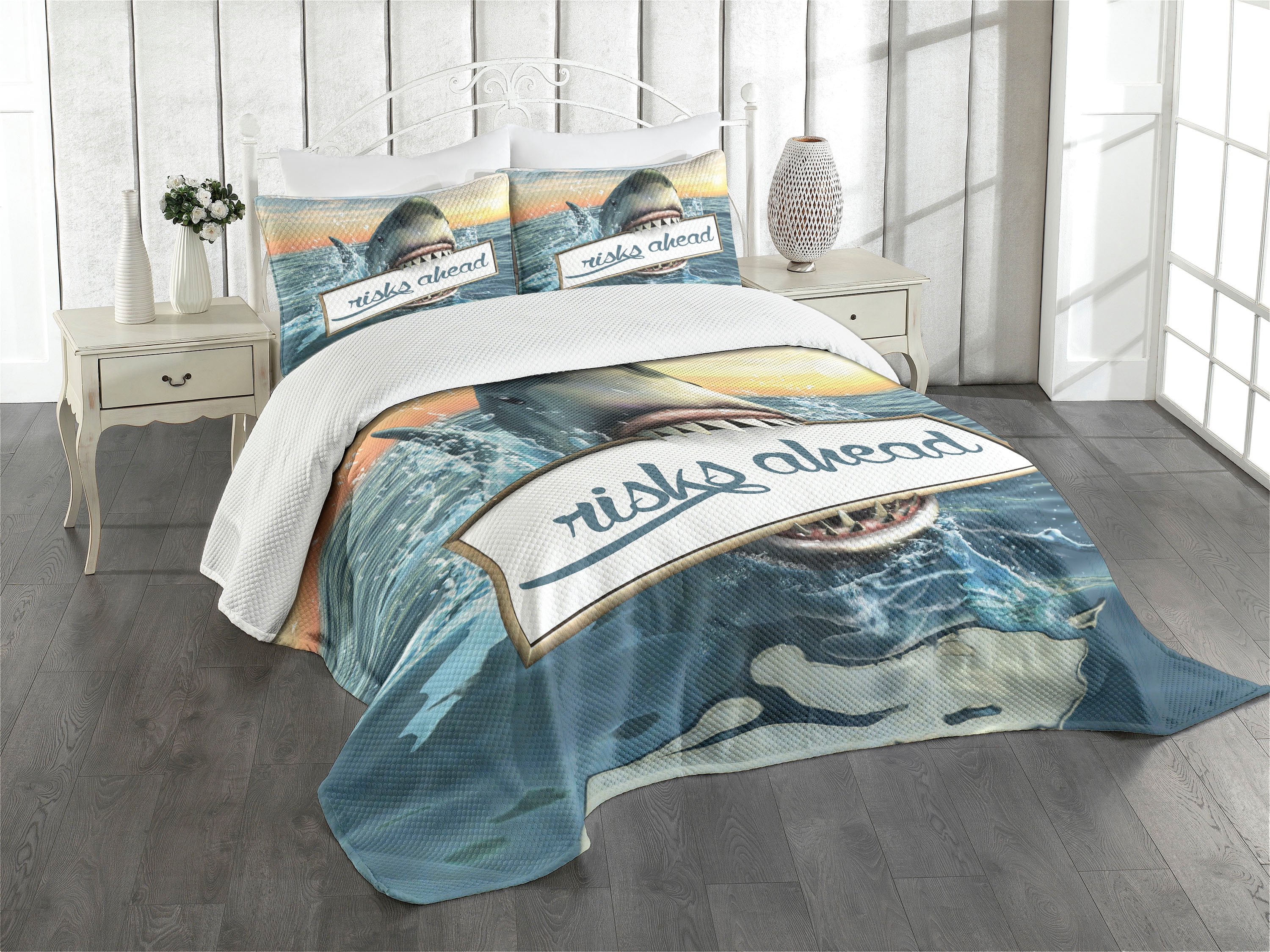 Ambesonne Shark Quilted Bedspread Set 3 Pcs, Dangerous Fish Holds ...
