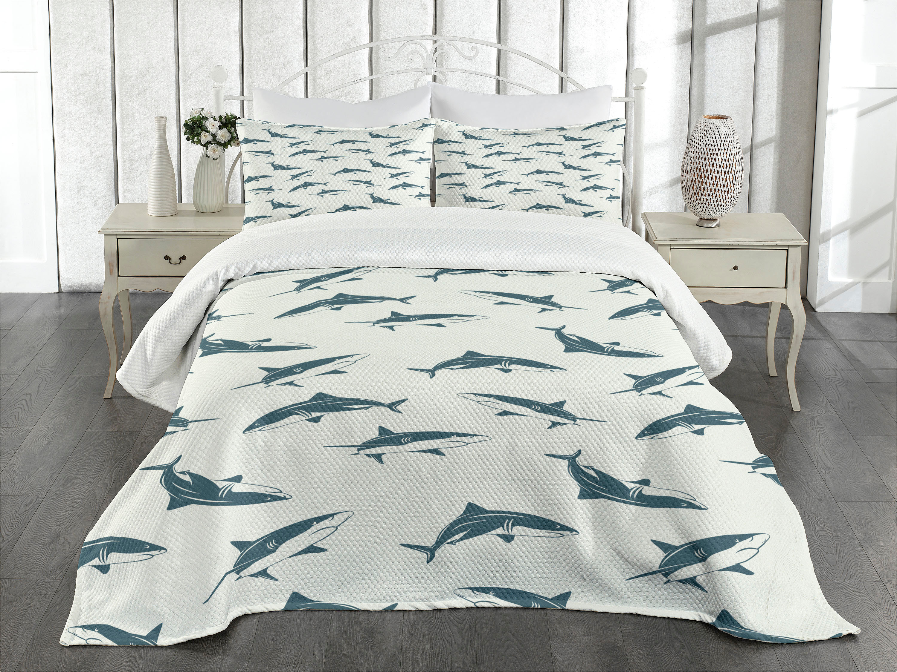 Ambesonne Shark Quilted Bedspread Set 3 Pcs, Dangerous Underwater ...