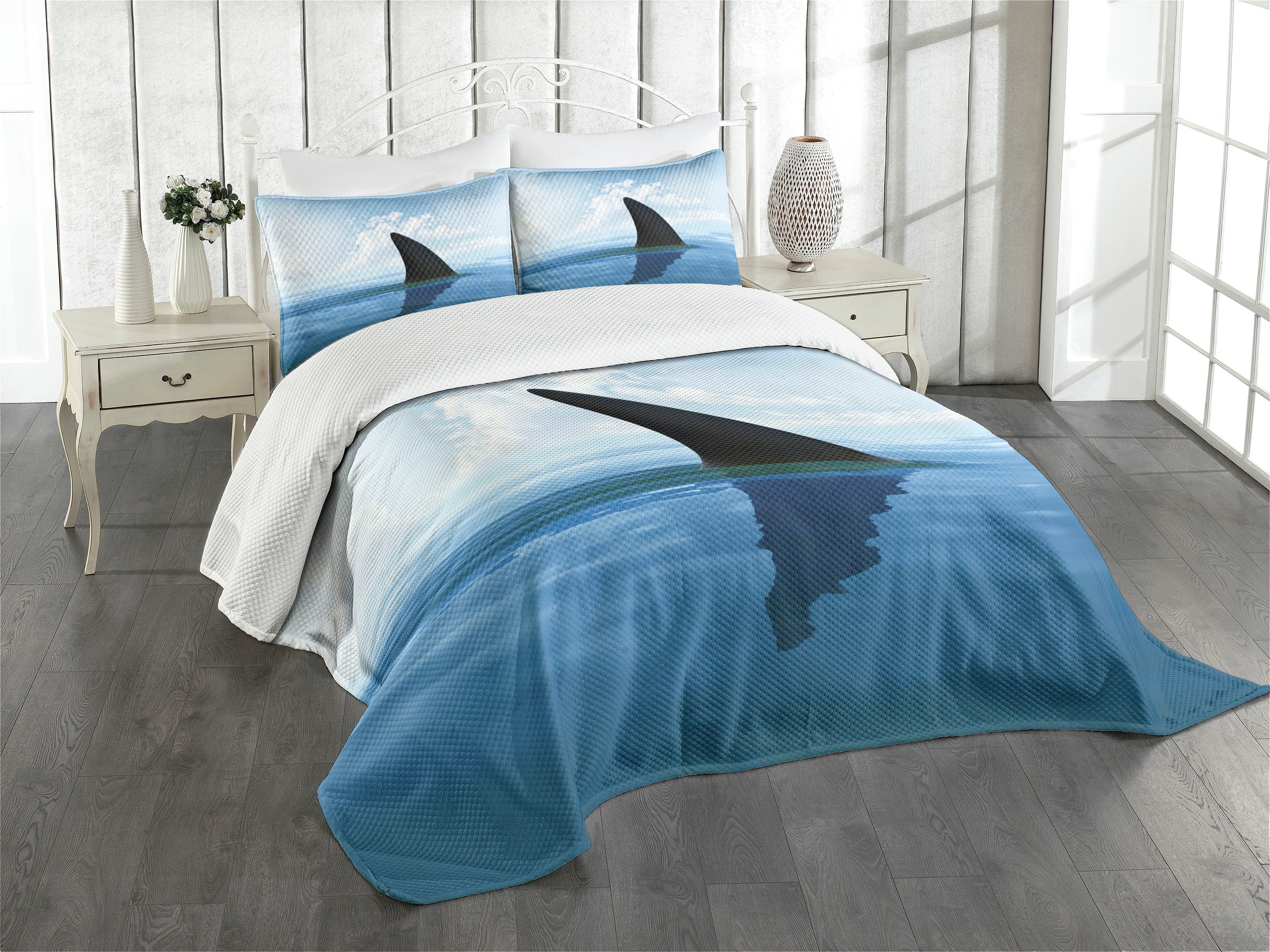 Ambesonne Shark Quilted Bedspread Set 3 Pcs, Fin Sea Surface Danger ...