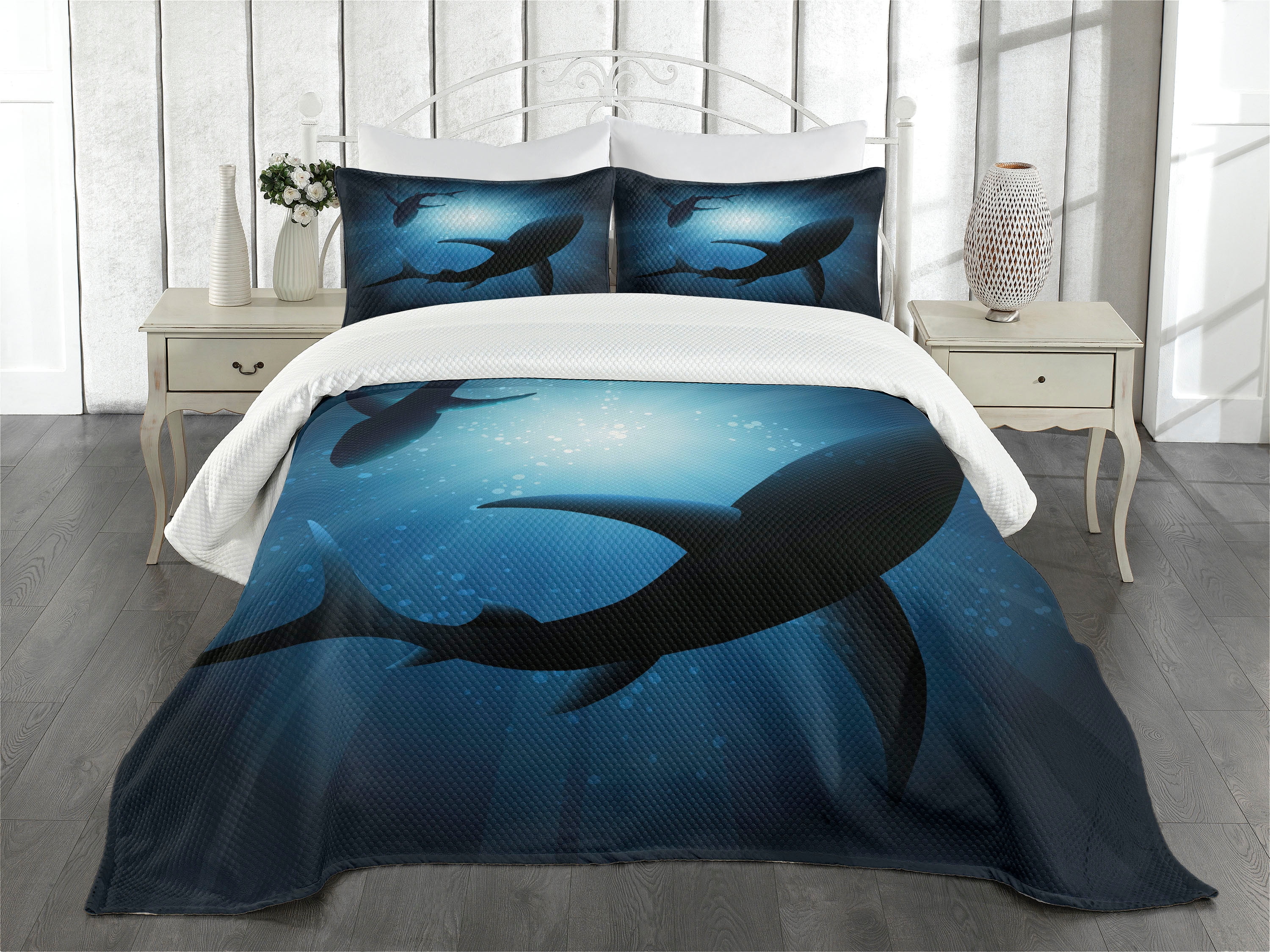 Ambesonne Shark Quilted Bedspread Set 3 Pcs, Fish Silhouettes Swimming ...