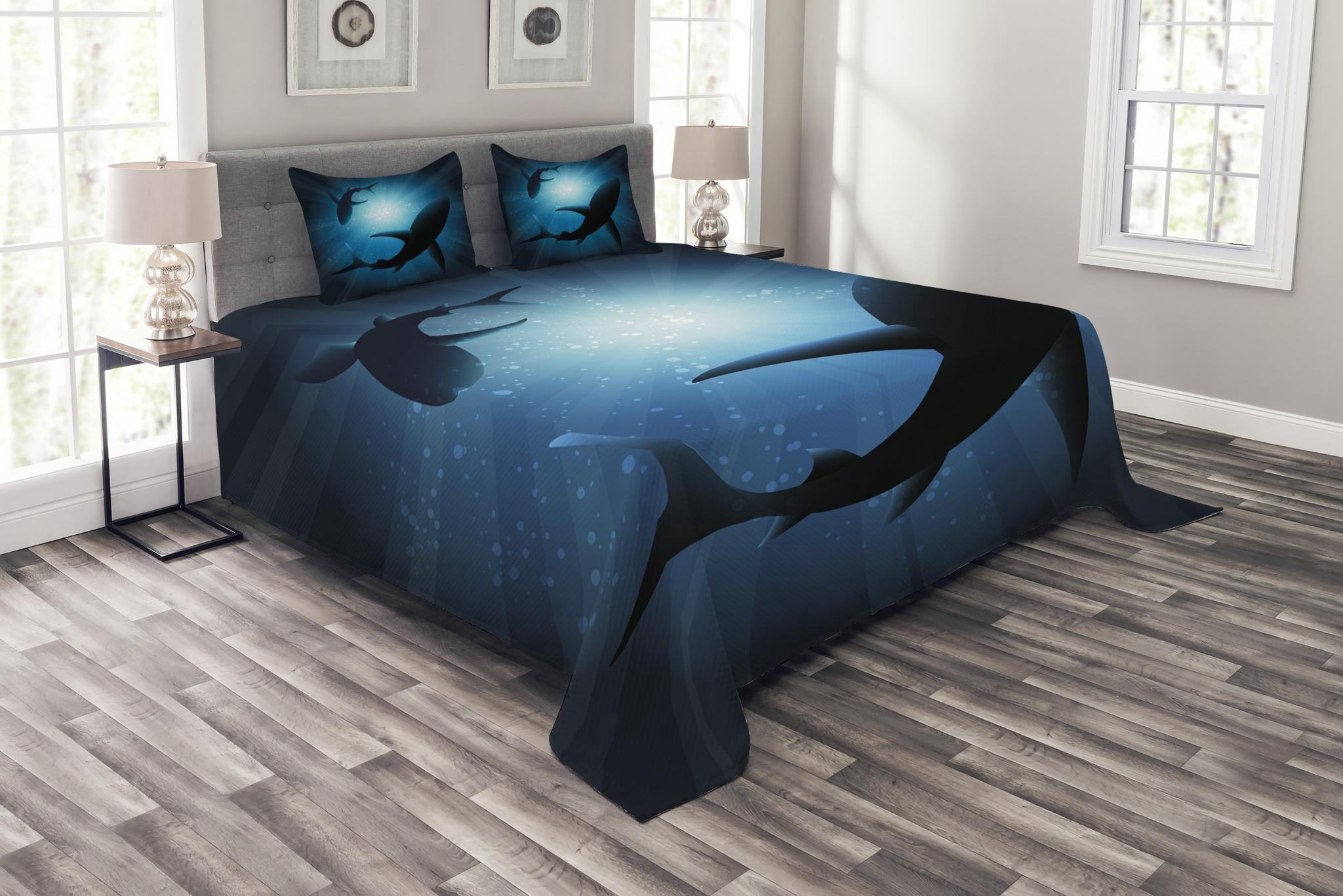 Ambesonne Shark Quilted Bedspread Set 3 Pcs, Fish Silhouettes Swimming ...