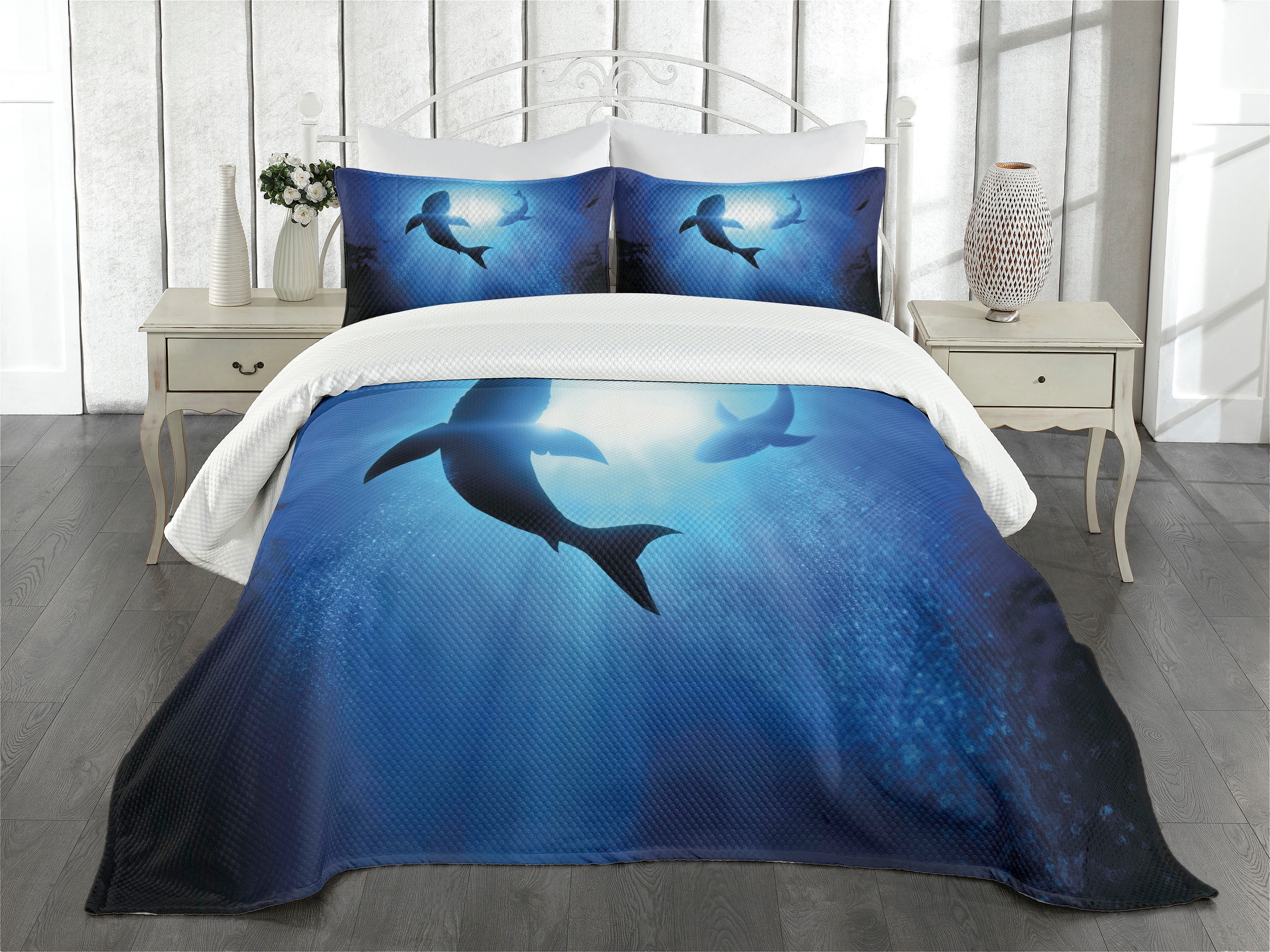 Ambesonne Shark Quilted Bedspread Set 3 Pcs, Fishes Circling in Ocean ...
