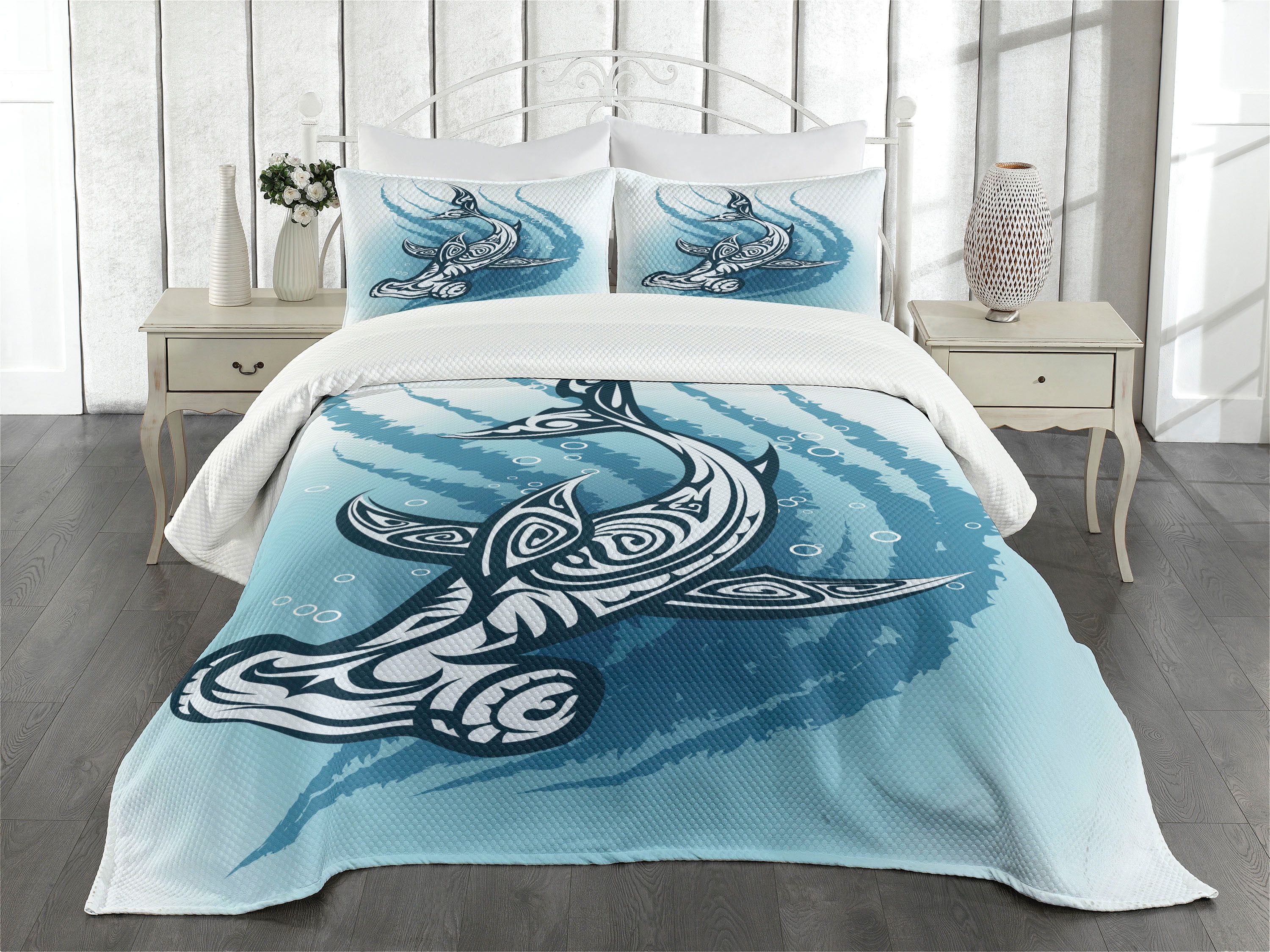 Ambesonne Shark Quilted Bedspread Set 3 Pcs, Hammerhead Fish Ornate ...