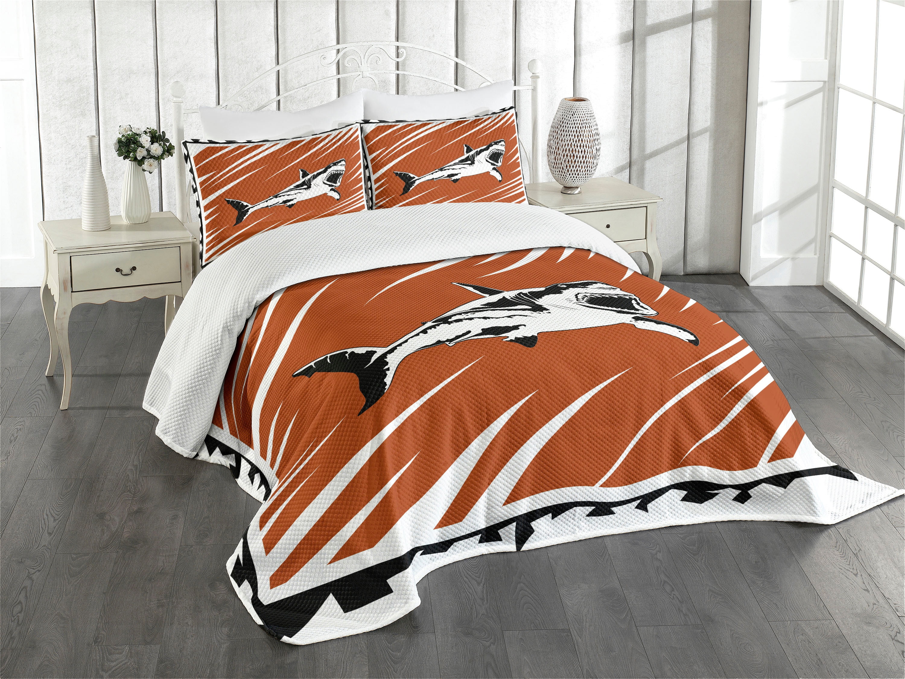 Ambesonne Shark Quilted Bedspread Set 3 Pcs, Killer Ocean Creature ...