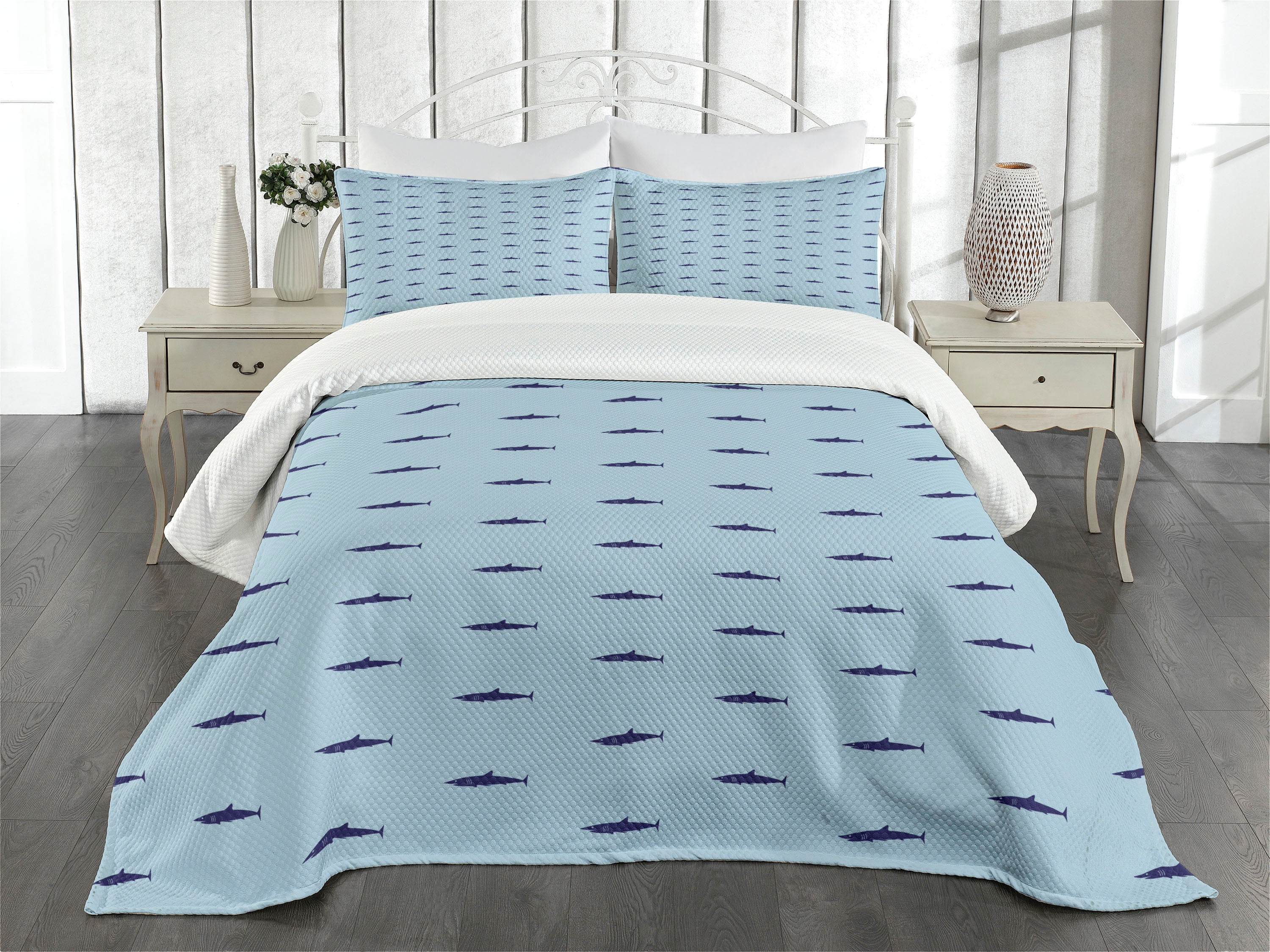 Ambesonne Shark Quilted Bedspread Set 3 Pcs, Ocean Life in Blue Shades ...