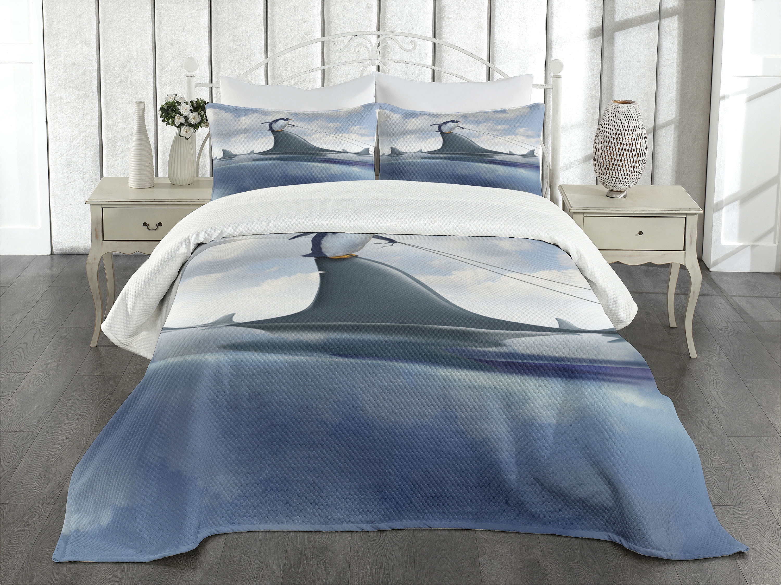 Ambesonne Shark Quilted Bedspread Set 3 Pcs, Penguin Holding Wild Fish ...