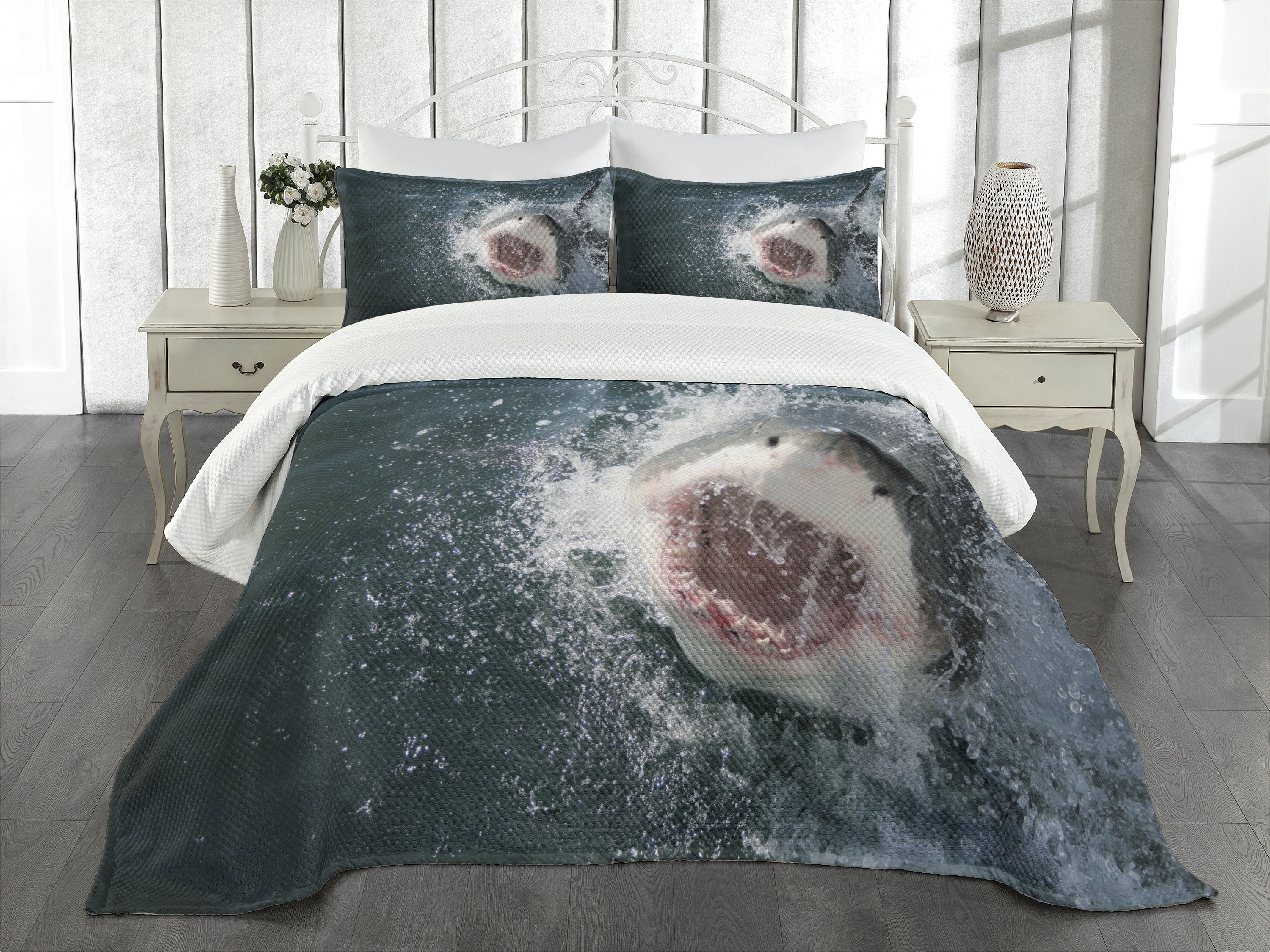 Ambesonne Shark Quilted Bedspread Set 3 Pcs, Scary Open Mouth Teeth ...