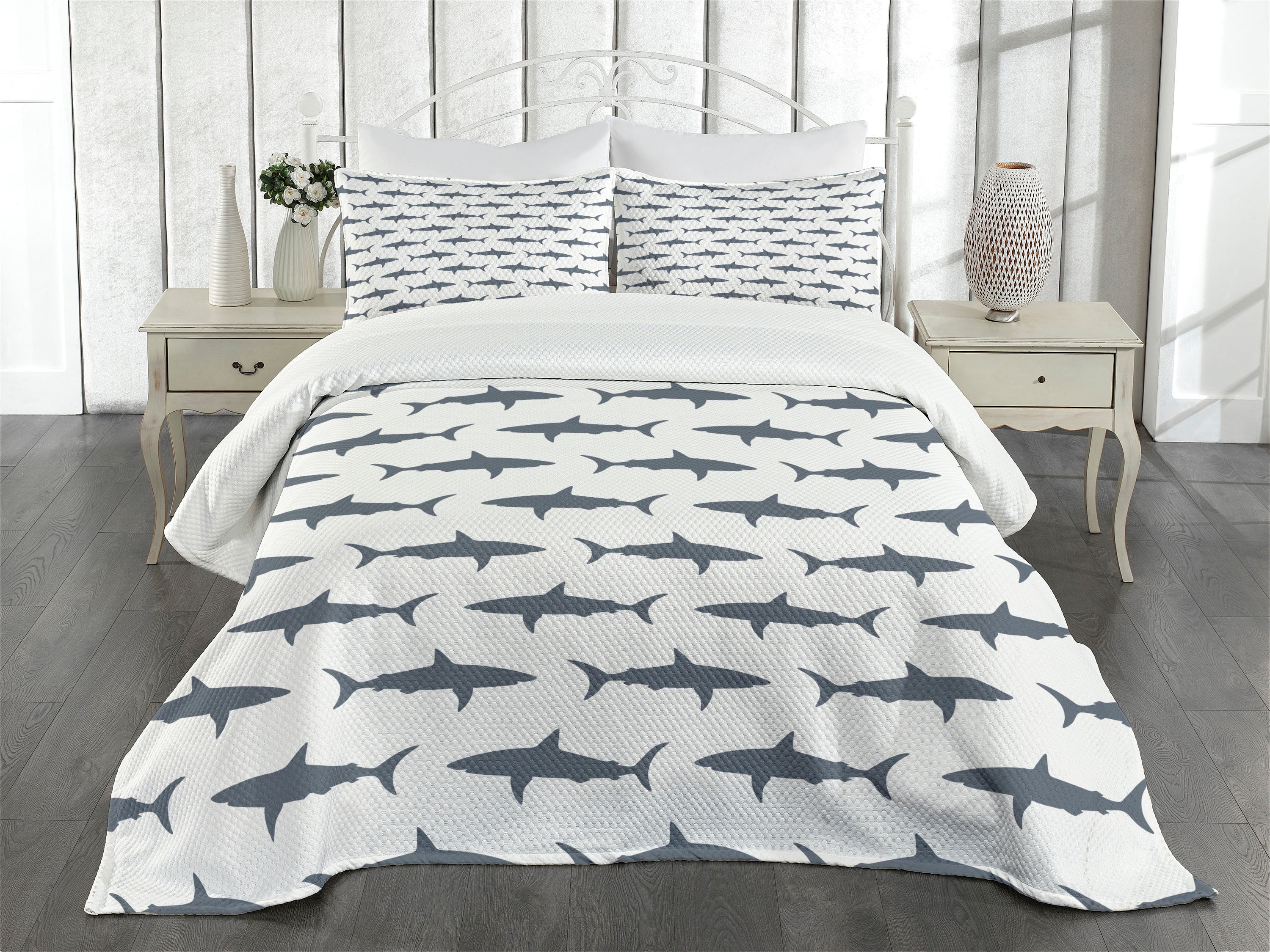 Ambesonne Shark Quilted Bedspread Set 3 Pcs, Swimming Wild Fishes ...