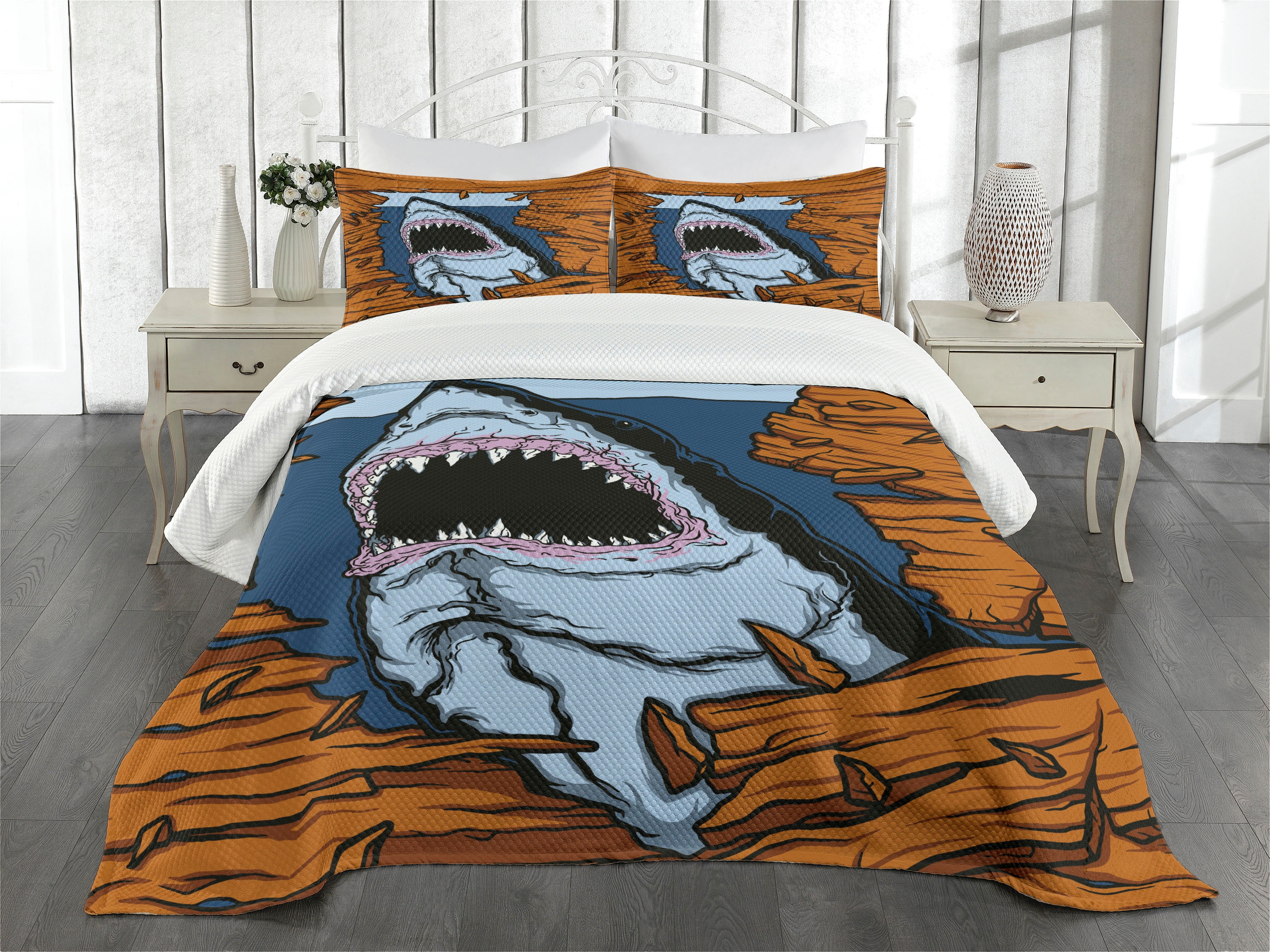 Ambesonne Shark Quilted Bedspread Set 3 Pcs, Wild Fish Wooden Plank ...
