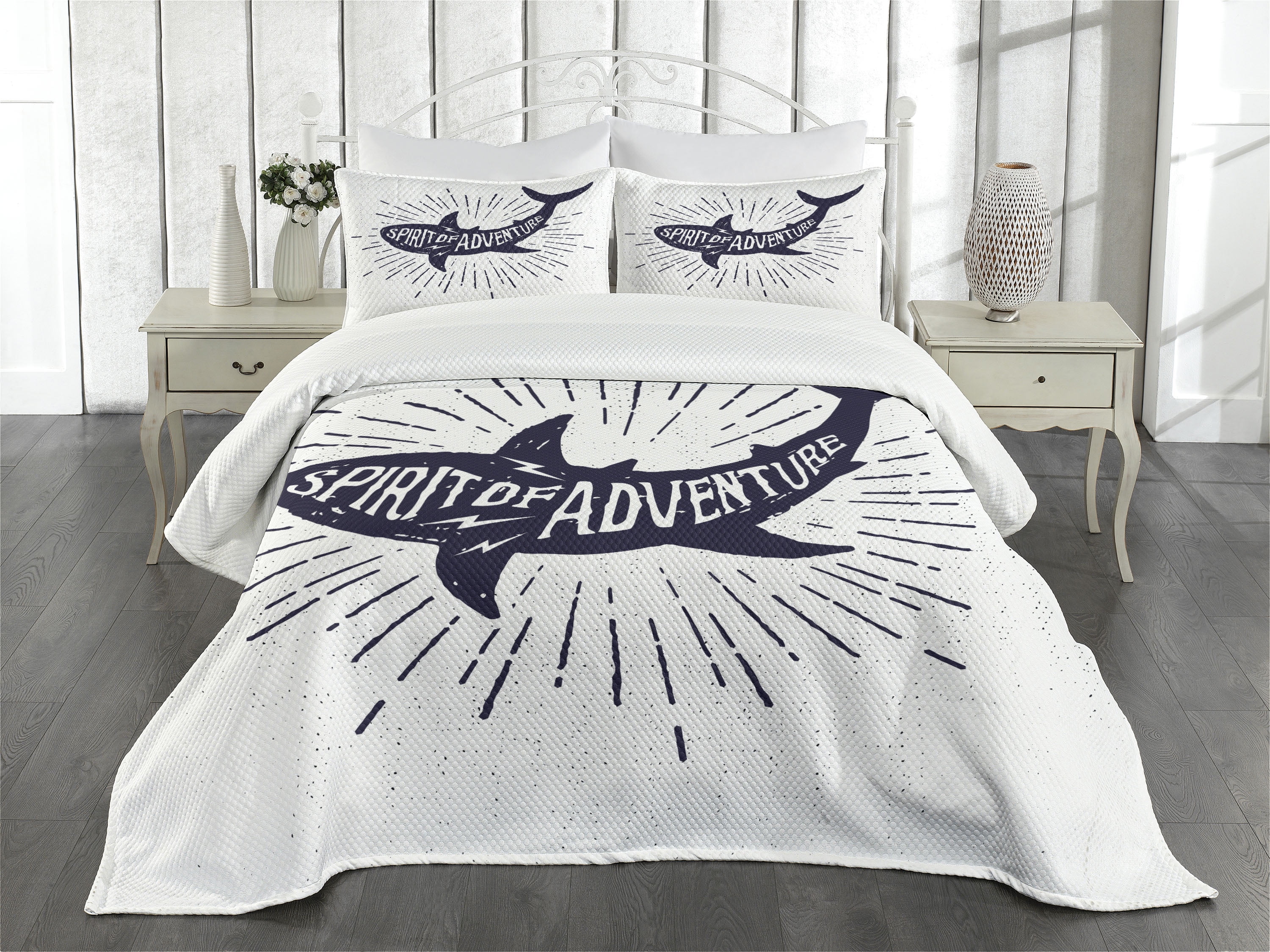 Ambesonne Shark Quilted Bedspread Set 3 Pcs, of Adventure Fish, Queen ...