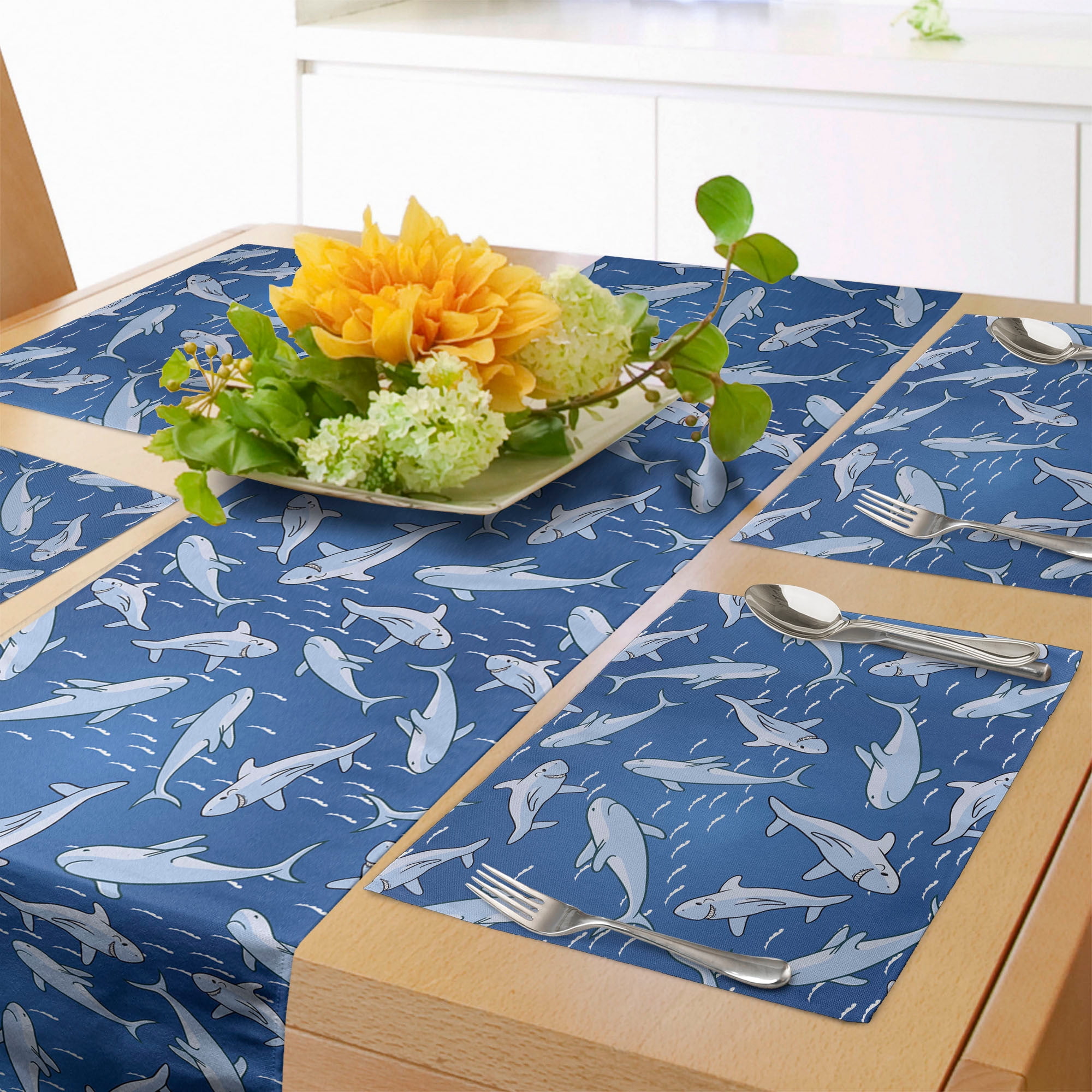 Ambesonne Shark Table Runner & Placemats, Smiling Carnivore Motifs Art ...