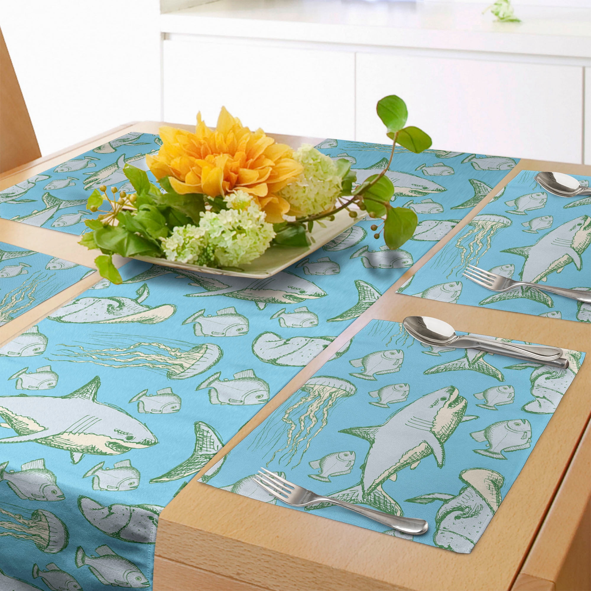 Ambesonne Shark Table Runner & Placemats, Vintage Sea Creatures ...