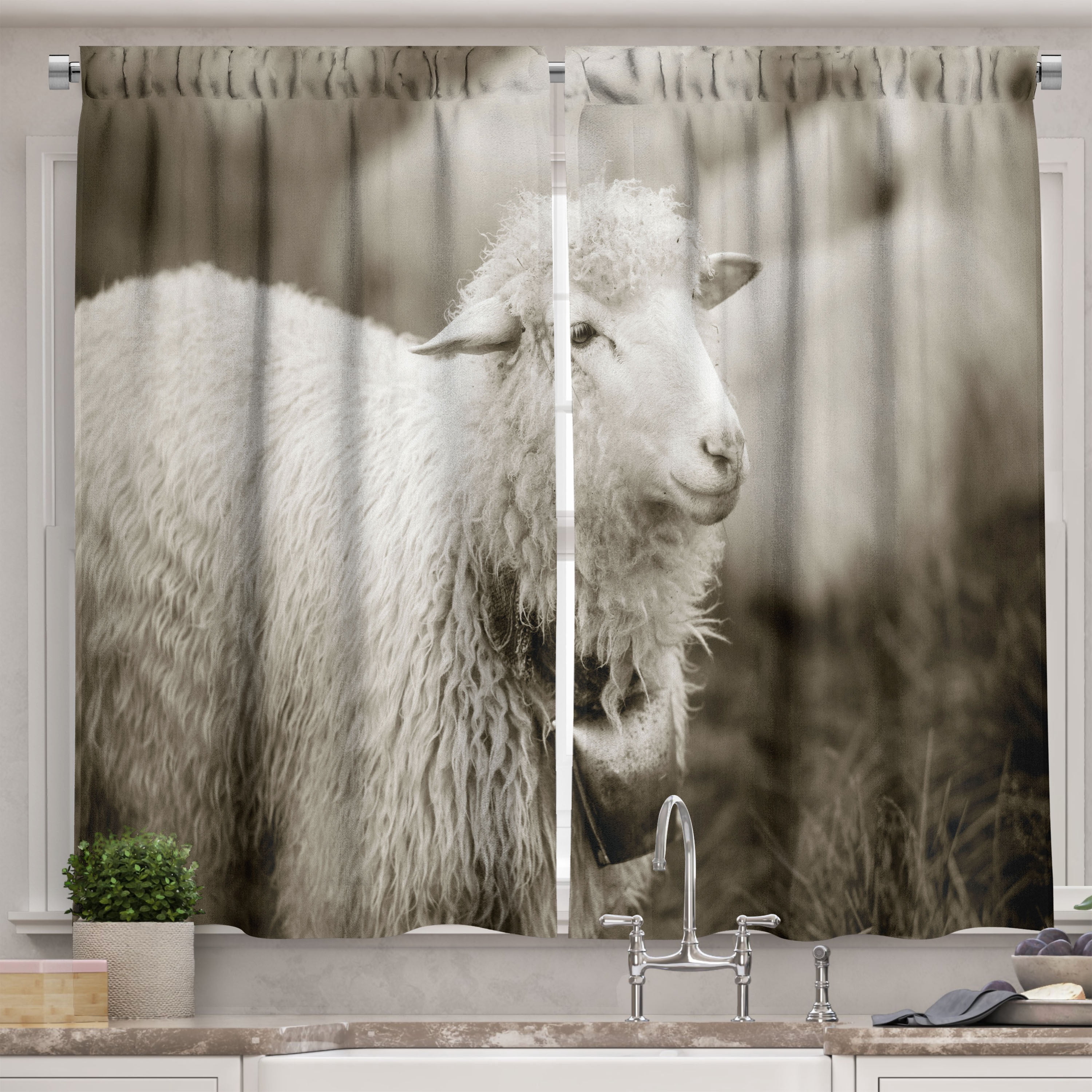 Ambesonne Sheep Kitchen Curtains, Fluffy Wooly Sheep Herd, 55"x39 ...