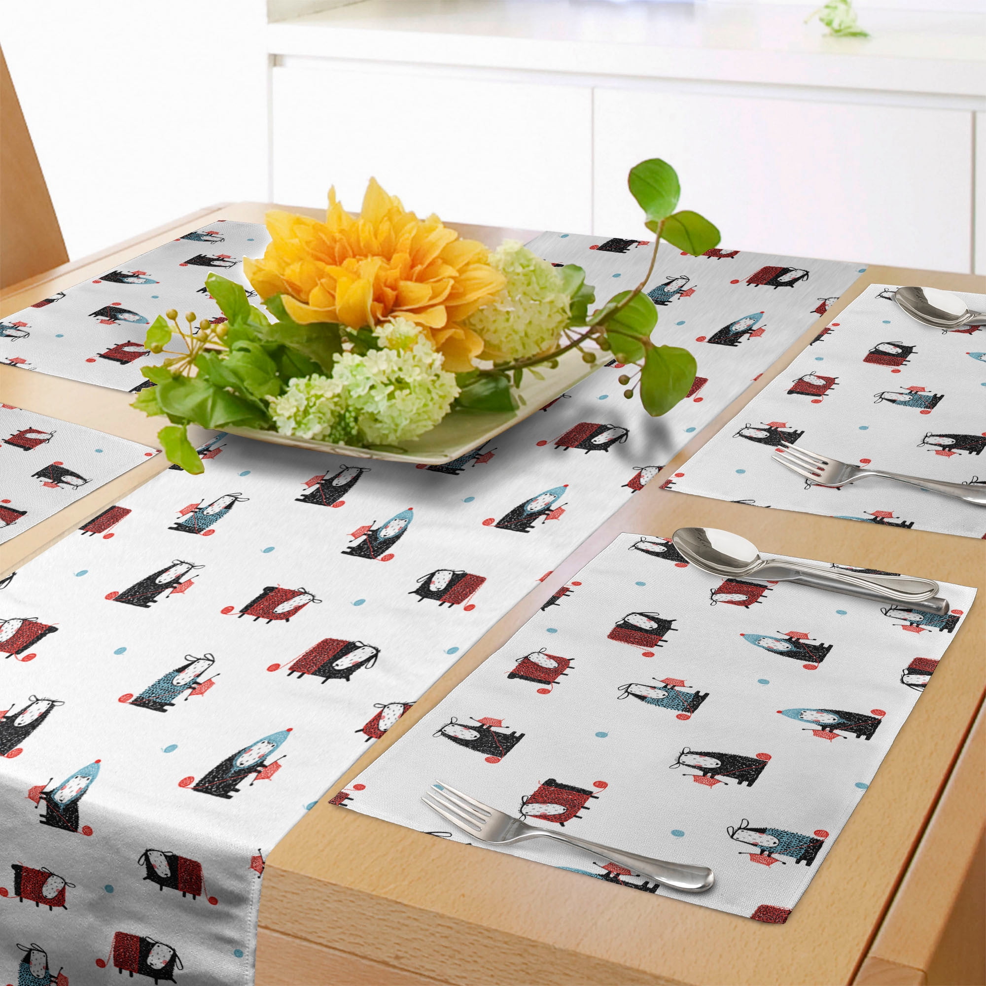 Ambesonne Sheep Table Runner & Placemats, Cartoon Furry Animal Wool ...