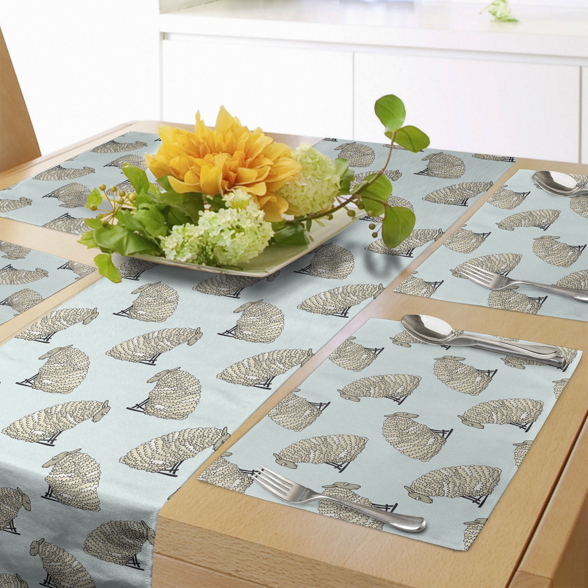 Ambesonne Sheep Table Runner & Placemats, Fluffy Animal Characters Art ...