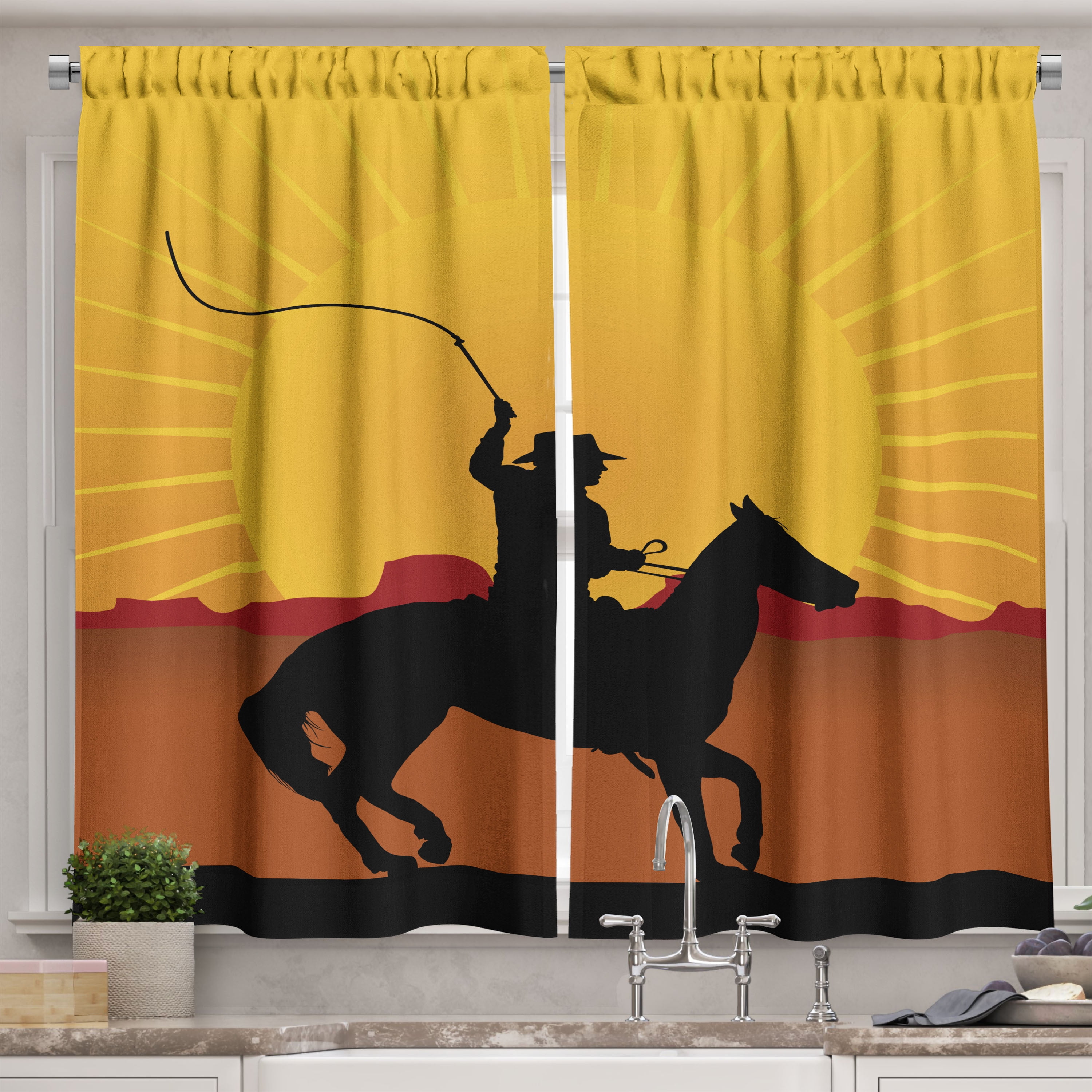 Ambesonne Silhouette Kitchen Curtains, Cowboy on Horse Shade, 55"x45 ...