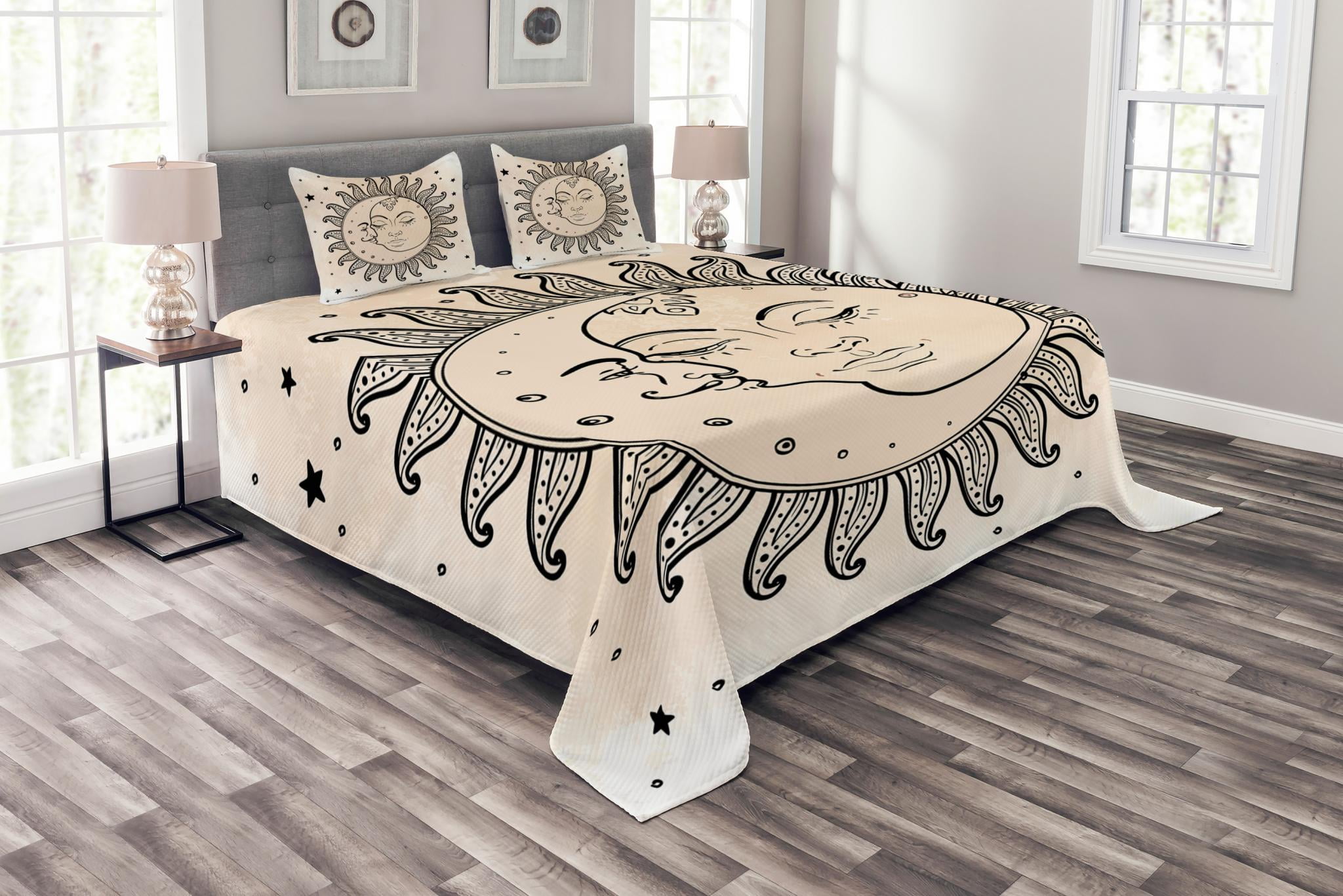 Ambesonne Sketch Quilted Bedspread Set 3 Pcs, Sun and Moon, Queen Size ...