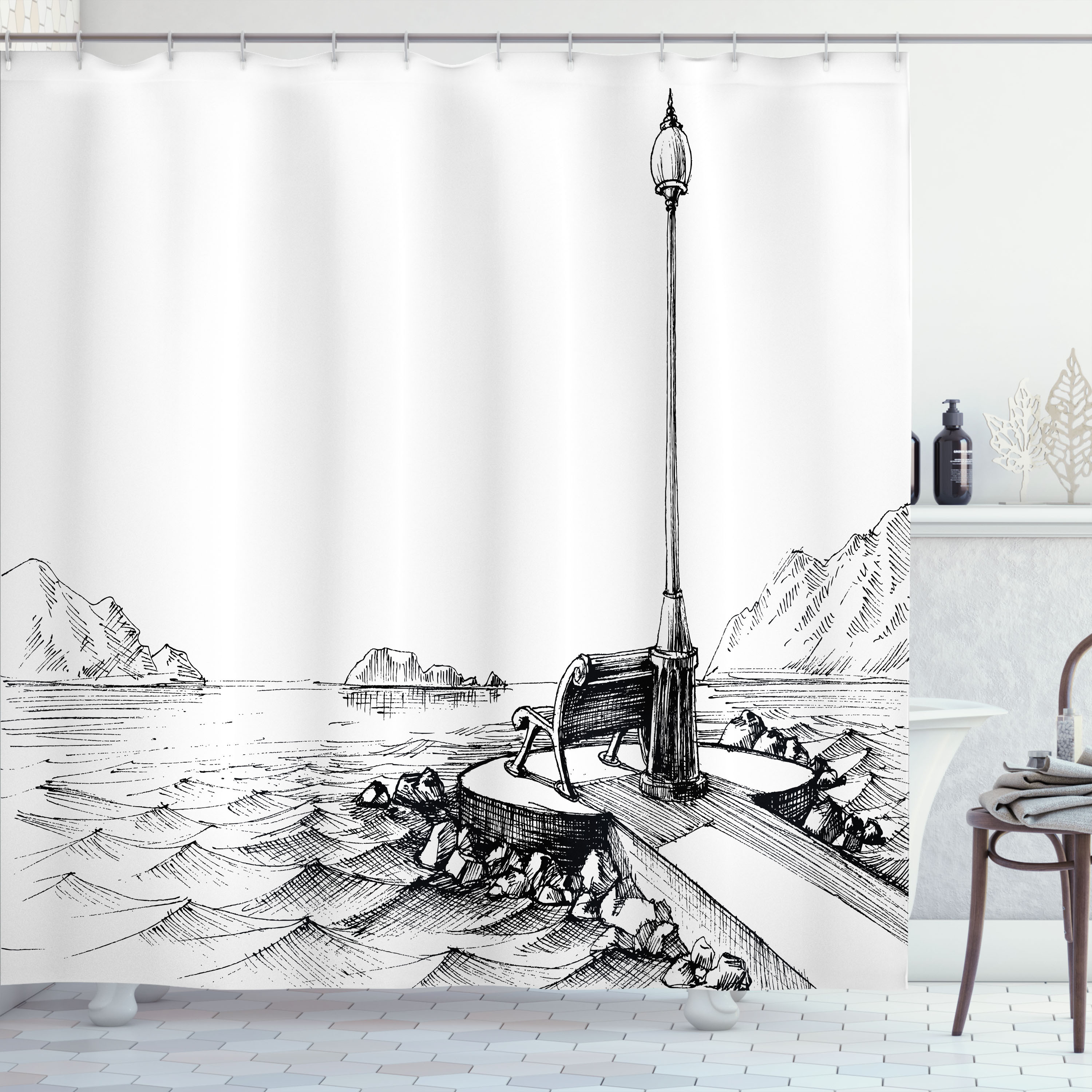 Ambesonne Sketch Shower Curtain, Bench and Ocean Drawing Art, 69"Wx75"L ...