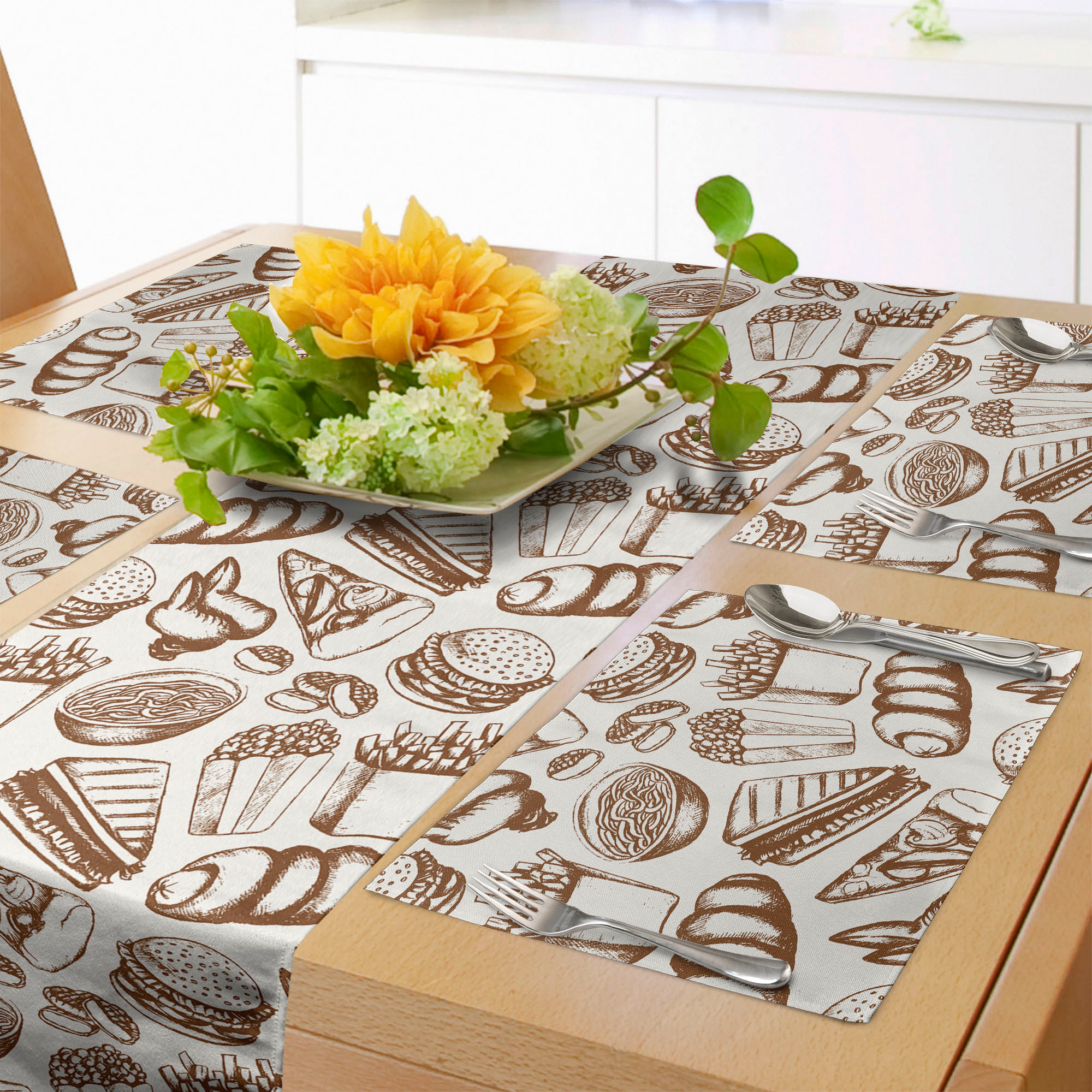Ambesonne Sketch Table Runner & Placemats, Hand Drawn Fast Food Motifs ...