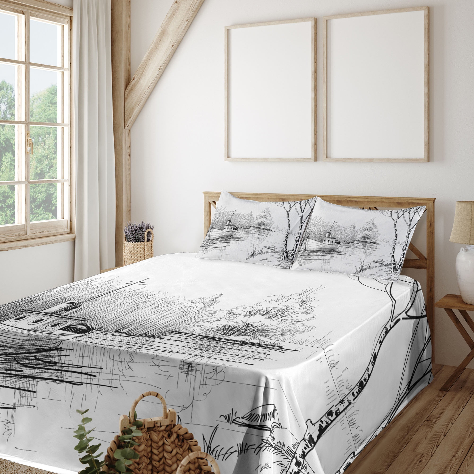Ambesonne Sketchy Fitted & Top Sheet Set with Shams, Black White Boat ...