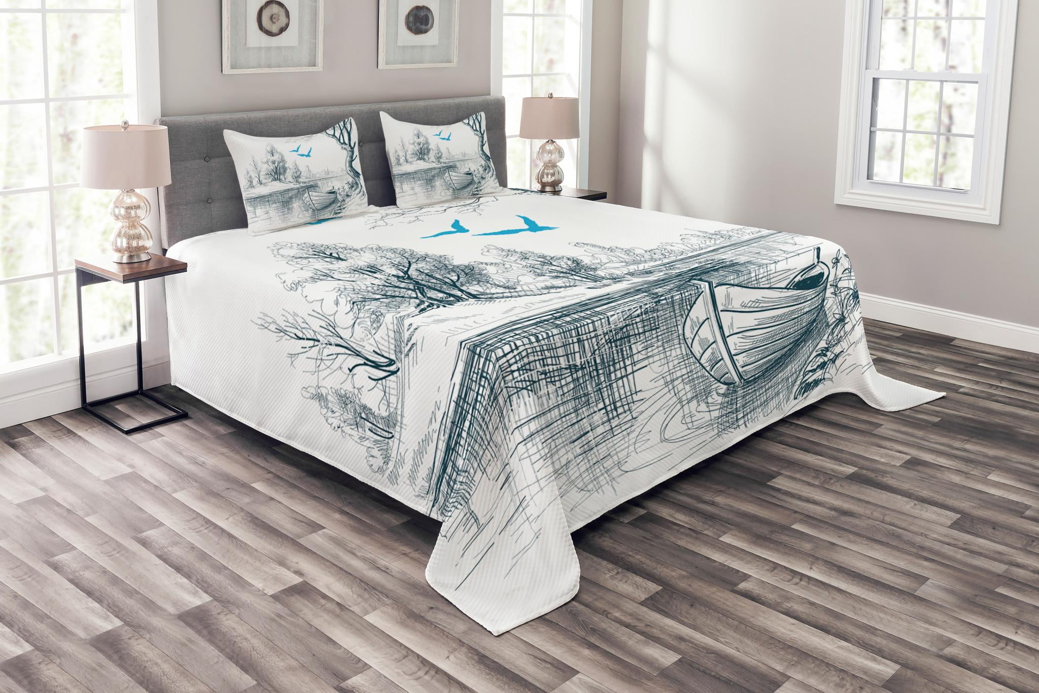 Ambesonne Sketchy Quilted Bedspread Set 3 Pcs, Boat on River Drawing ...