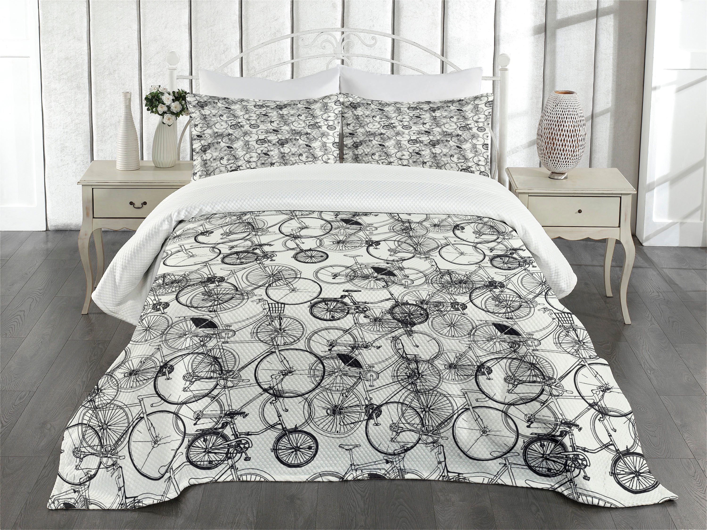 Ambesonne Sketchy Quilted Bedspread Set 3 Pcs, Vintage Retro Bicycle ...
