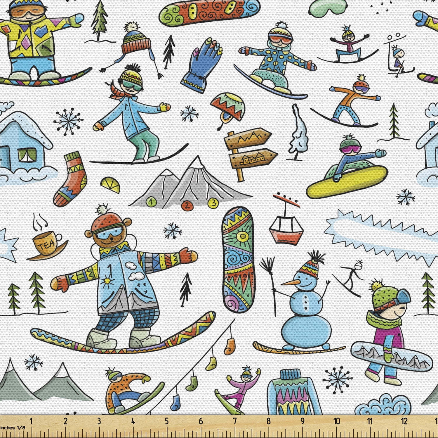 Ambesonne Ski Pattern Fabric by the Yard Upholstery, Winter Doodle, 5 ...