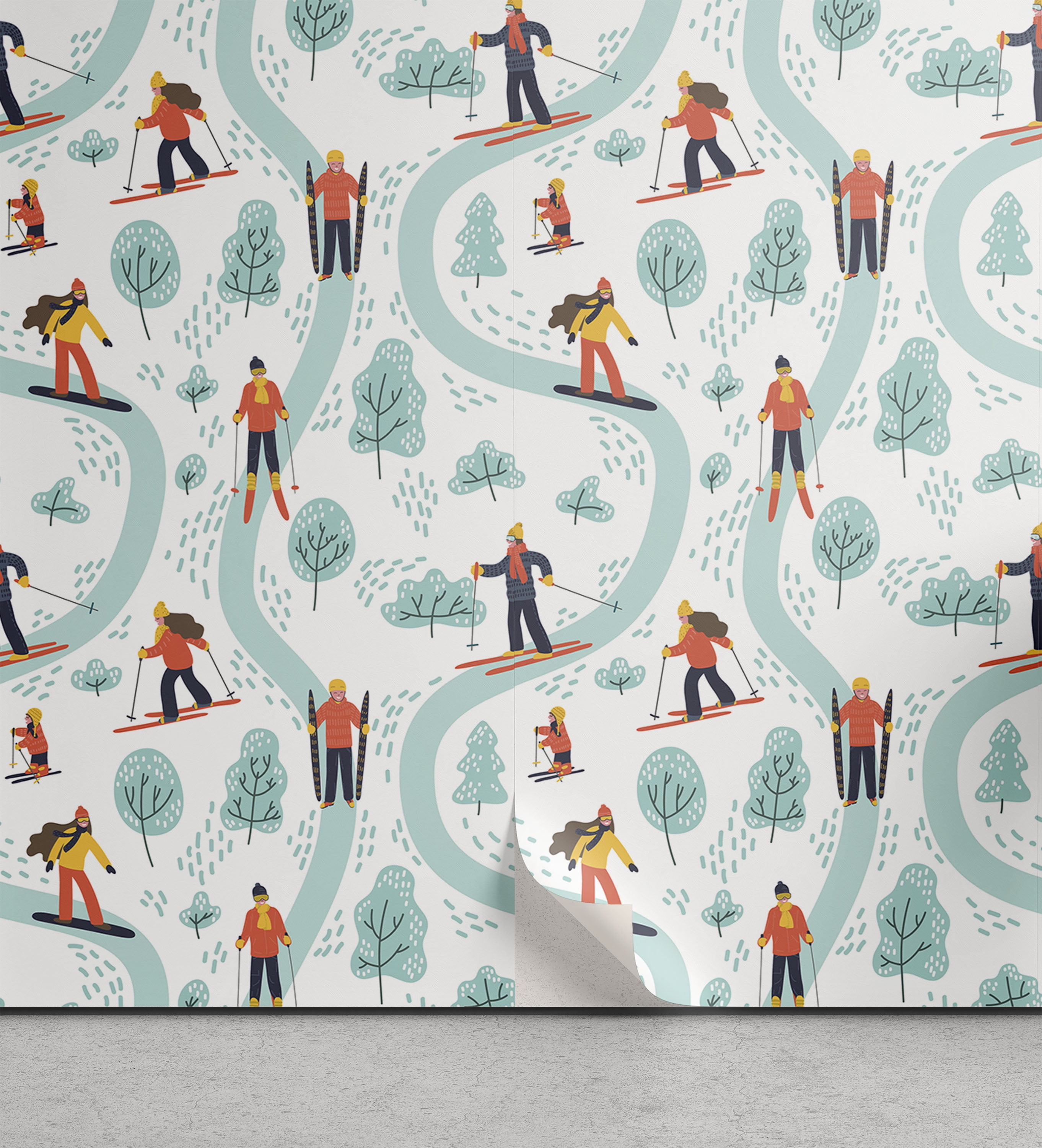 Ambesonne Ski Pattern Peel & Stick Wallpaper for Home, Skiing People on ...