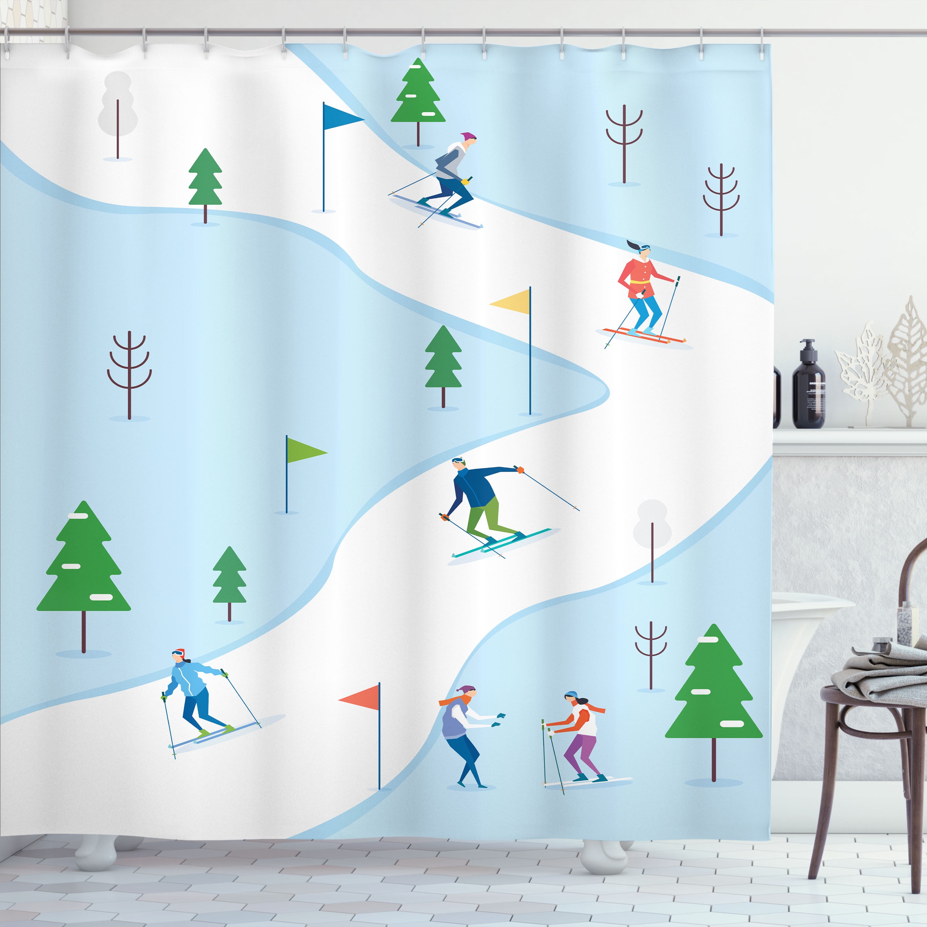 Ambesonne Ski Pattern Shower Curtain, Winter Sports Track, 69"Wx75"L ...