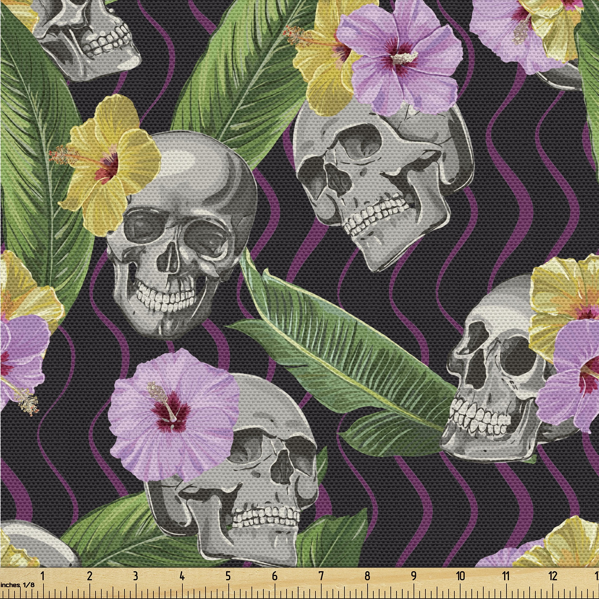Ambesonne Skull Fabric by the Yard Upholstery, Skeleton Head Hibiscus ...