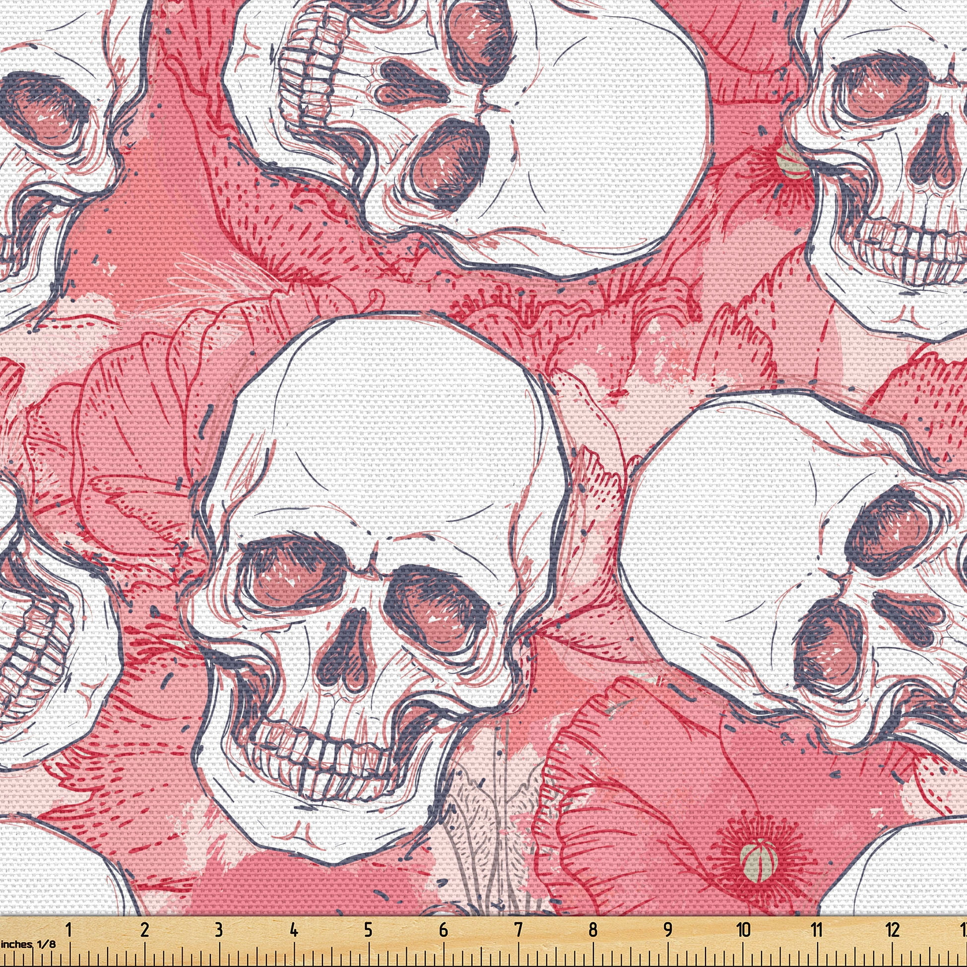 Ambesonne Skull Fabric by the Yard Upholstery, Skeleton Heads Meadow ...