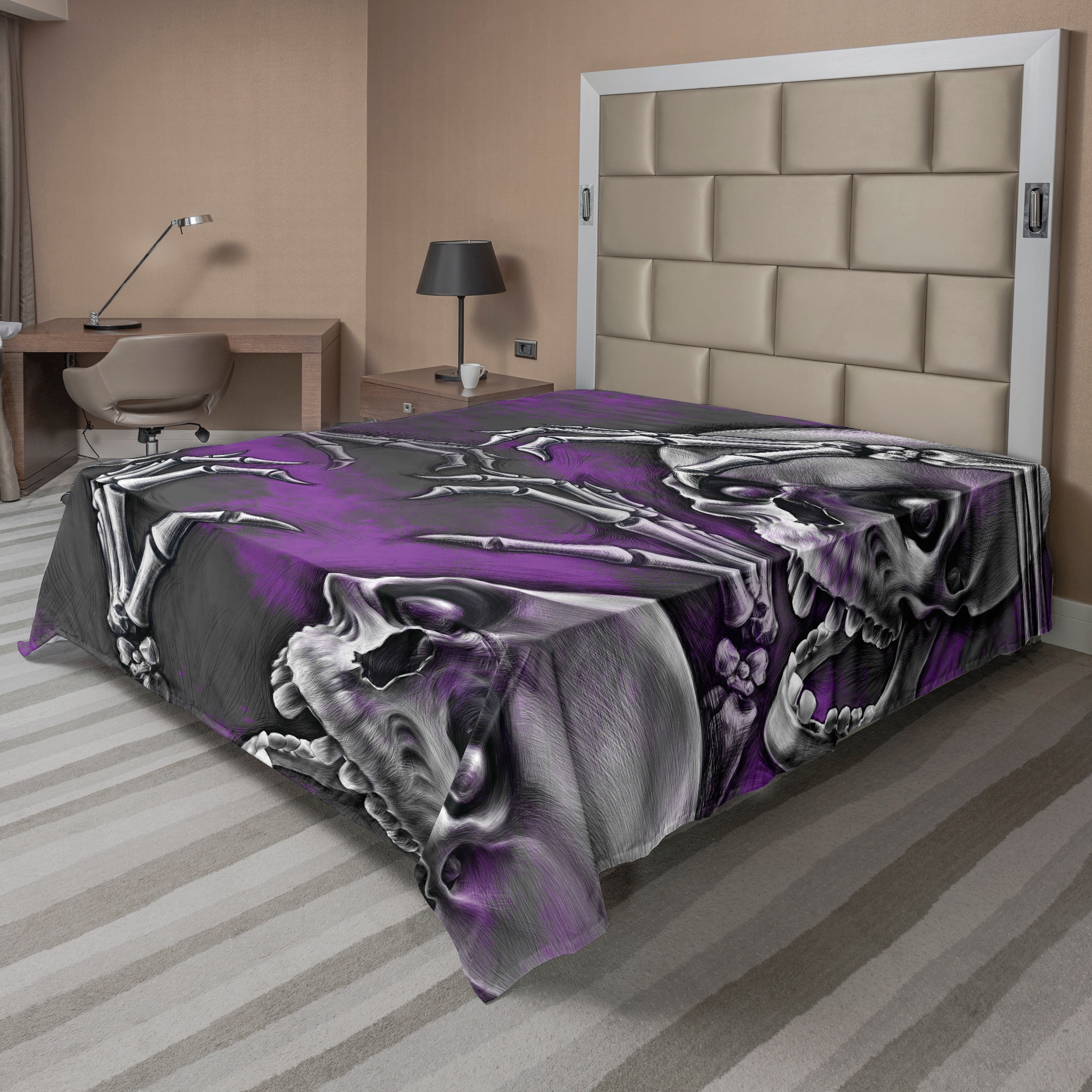 Ambesonne Skull Flat Sheet, Spooky Smiling Skeleton, Full Size, Purple ...