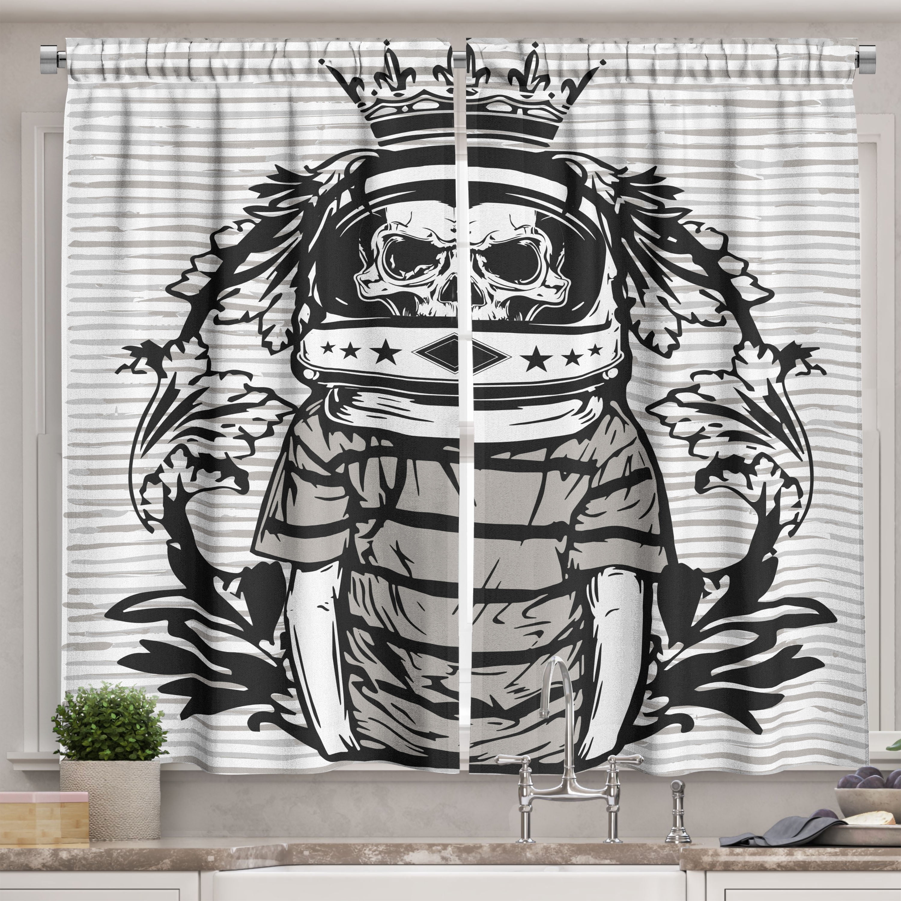 Ambesonne Skull Kitchen Curtains, Skull Astronaut Man, 55"x39", Black ...