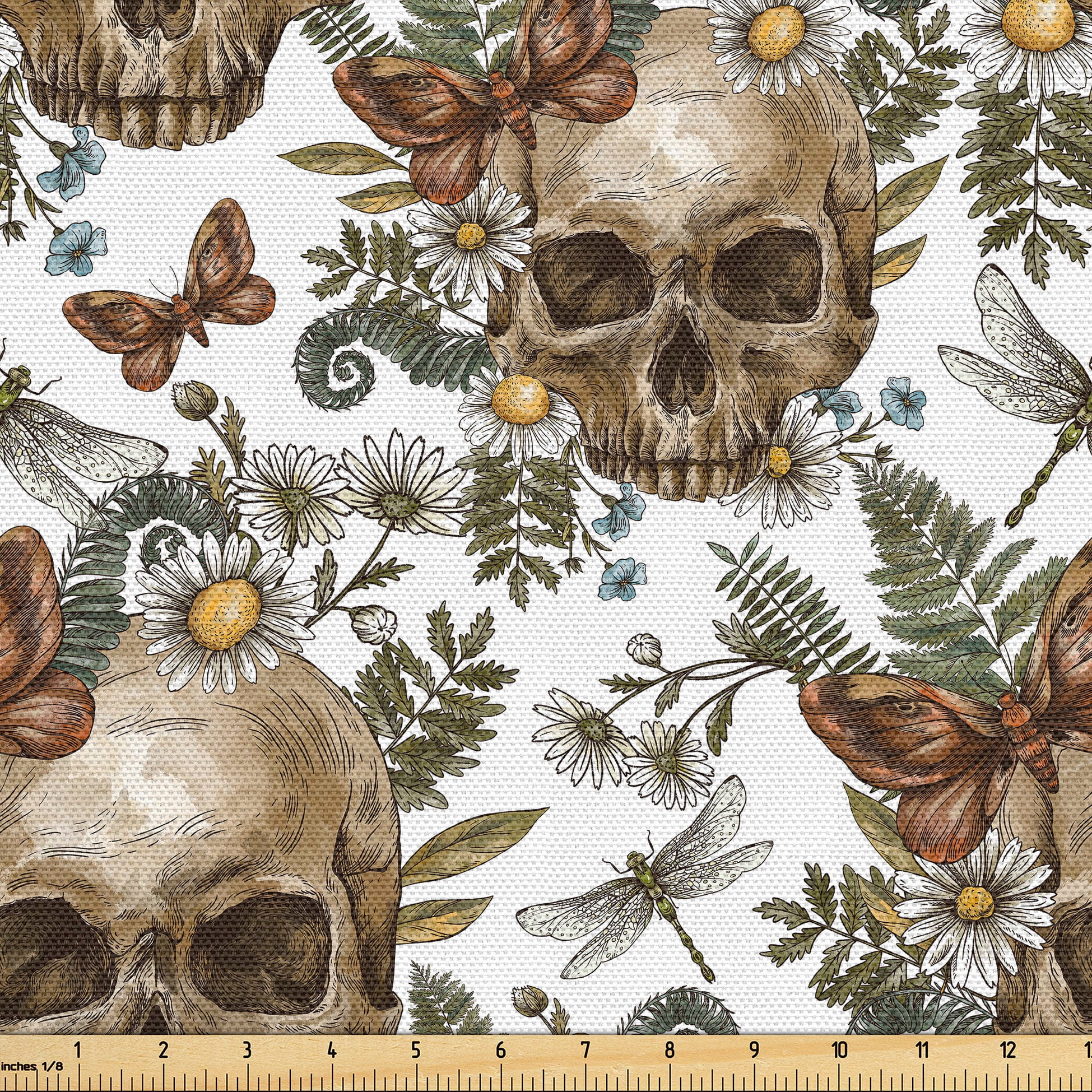 Ambesonne Skull Pattern Fabric by the Yard, Occult Leafy Bone Art, 2 ...