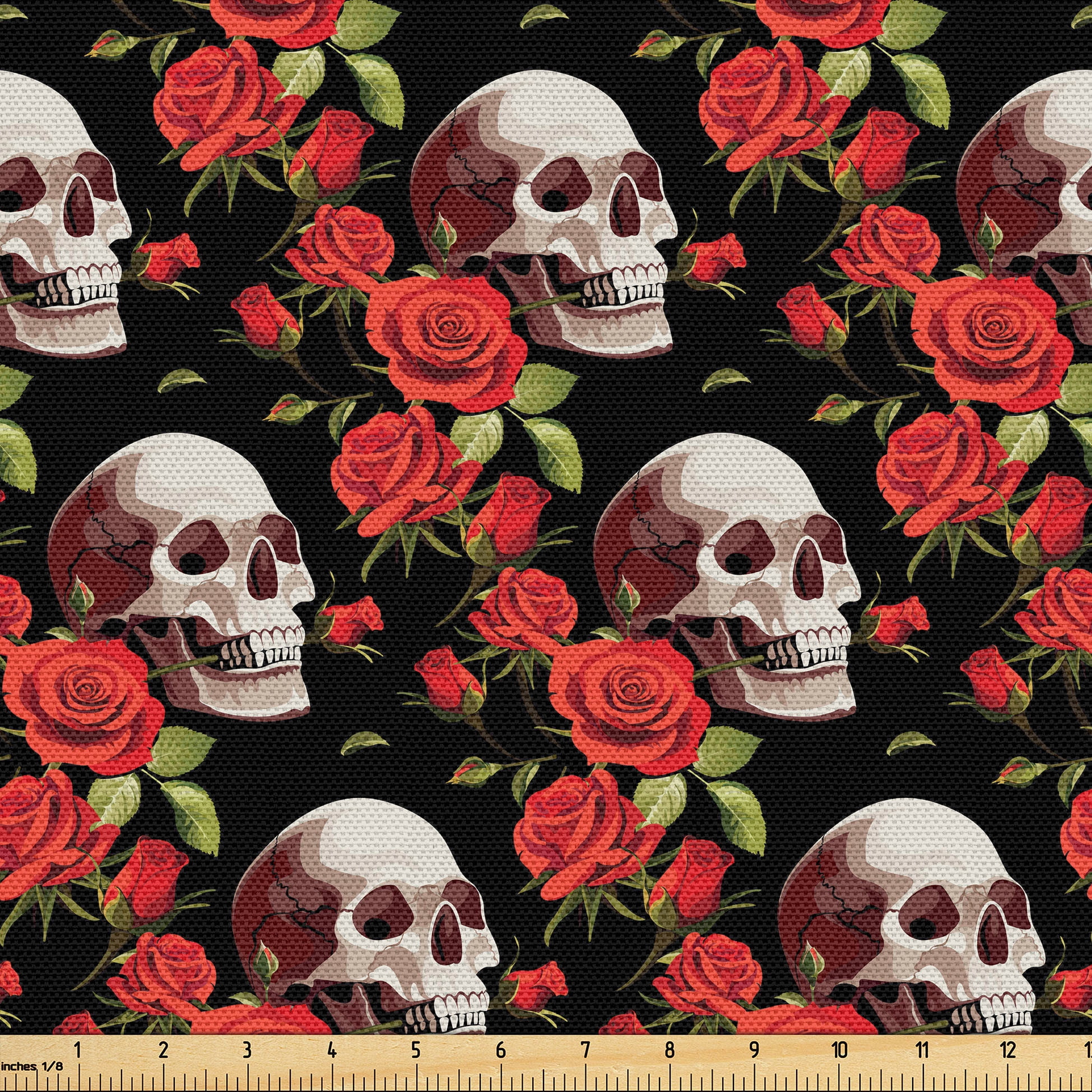 Ambesonne Skull Print Fabric by the Yard Upholstery, Roses Scary Gothic ...