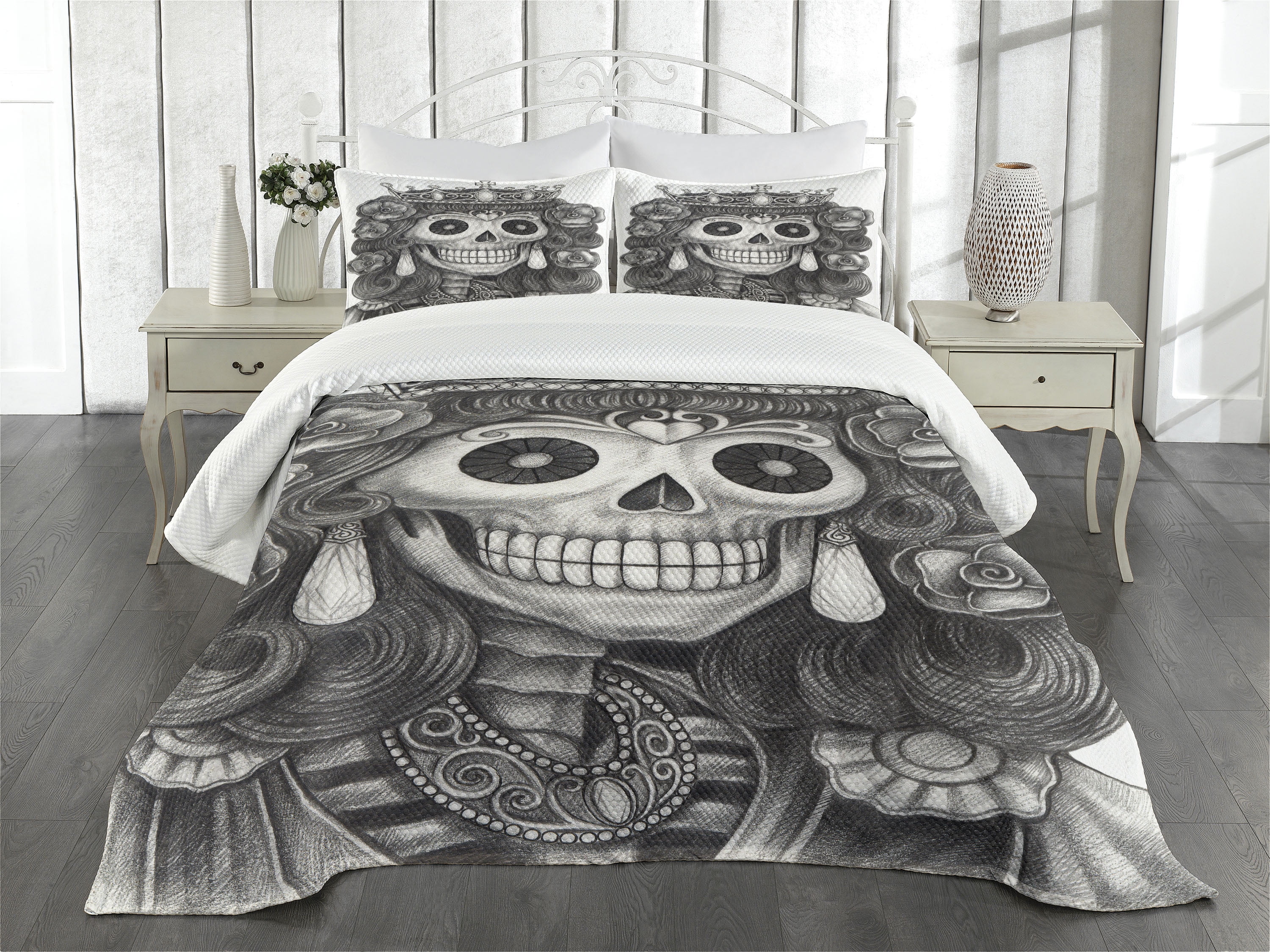 Ambesonne Skull Quilted Bedspread Set 3 Pcs, Dead Queen Folk Flowers ...