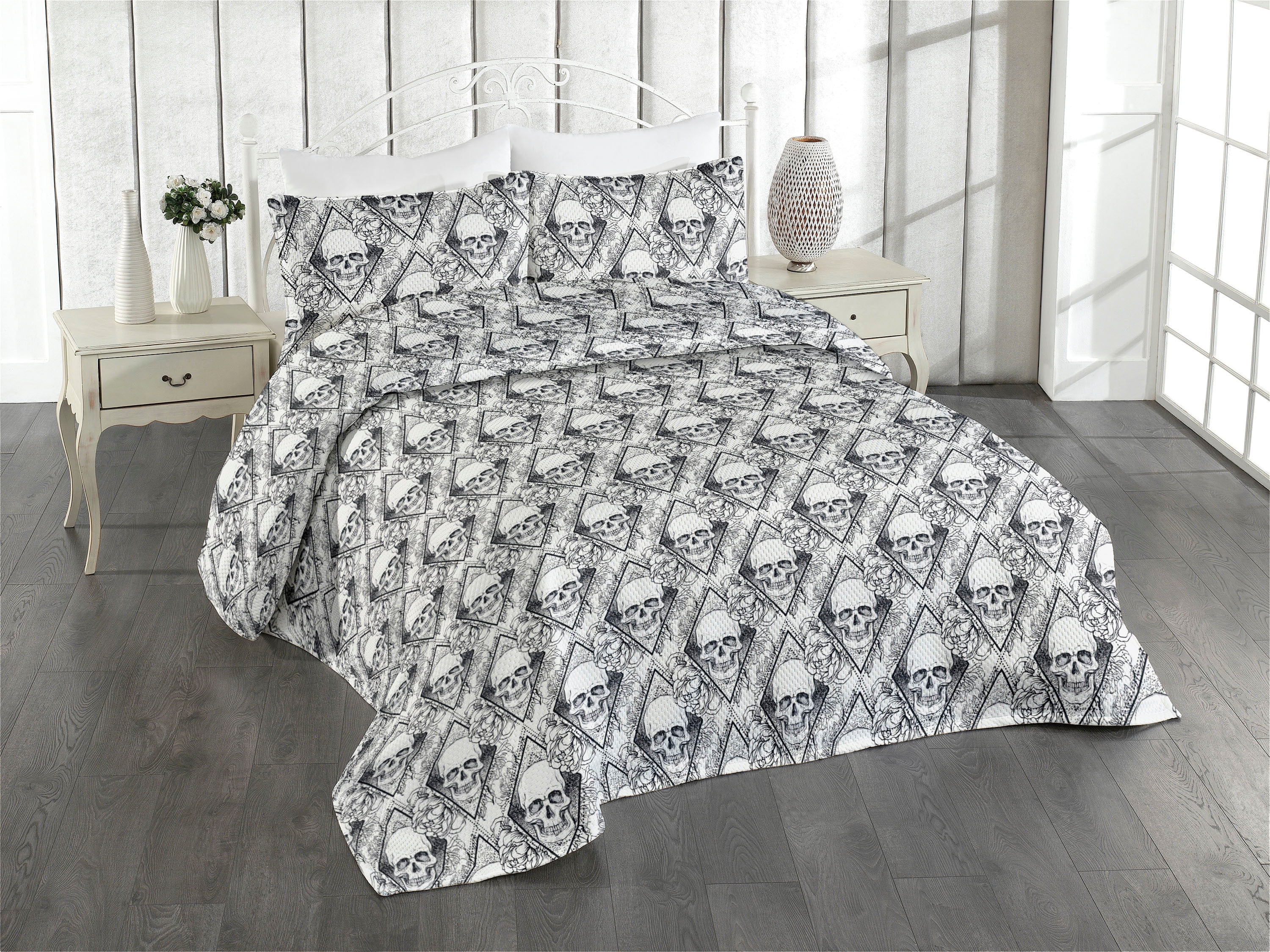 Ambesonne Skull Quilted Bedspread Set 3 Pcs, Gothic Skeleton Heads ...