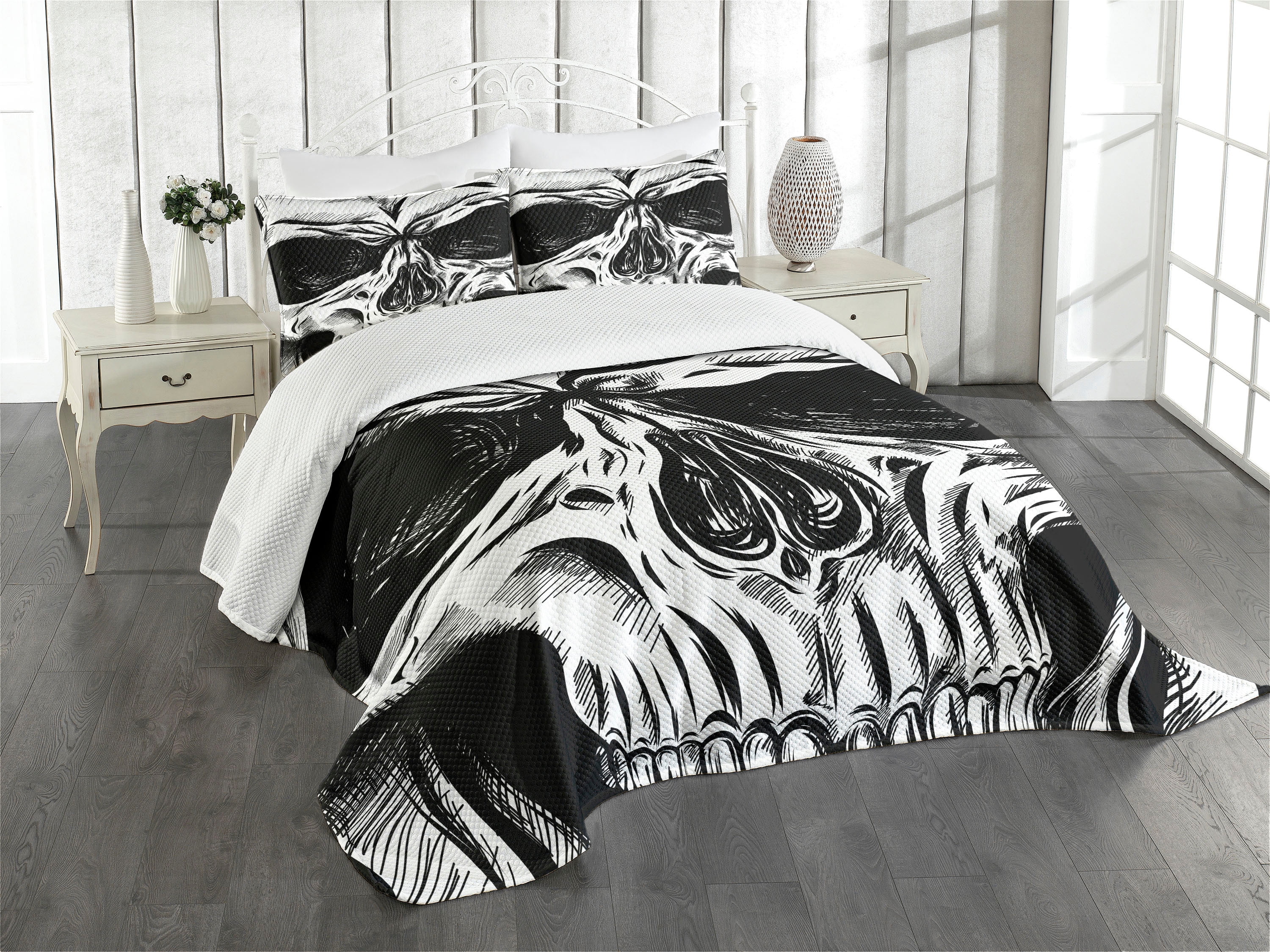 Ambesonne Skull Quilted Bedspread Set 3 Pcs, Gothic Sketch Evil Face ...
