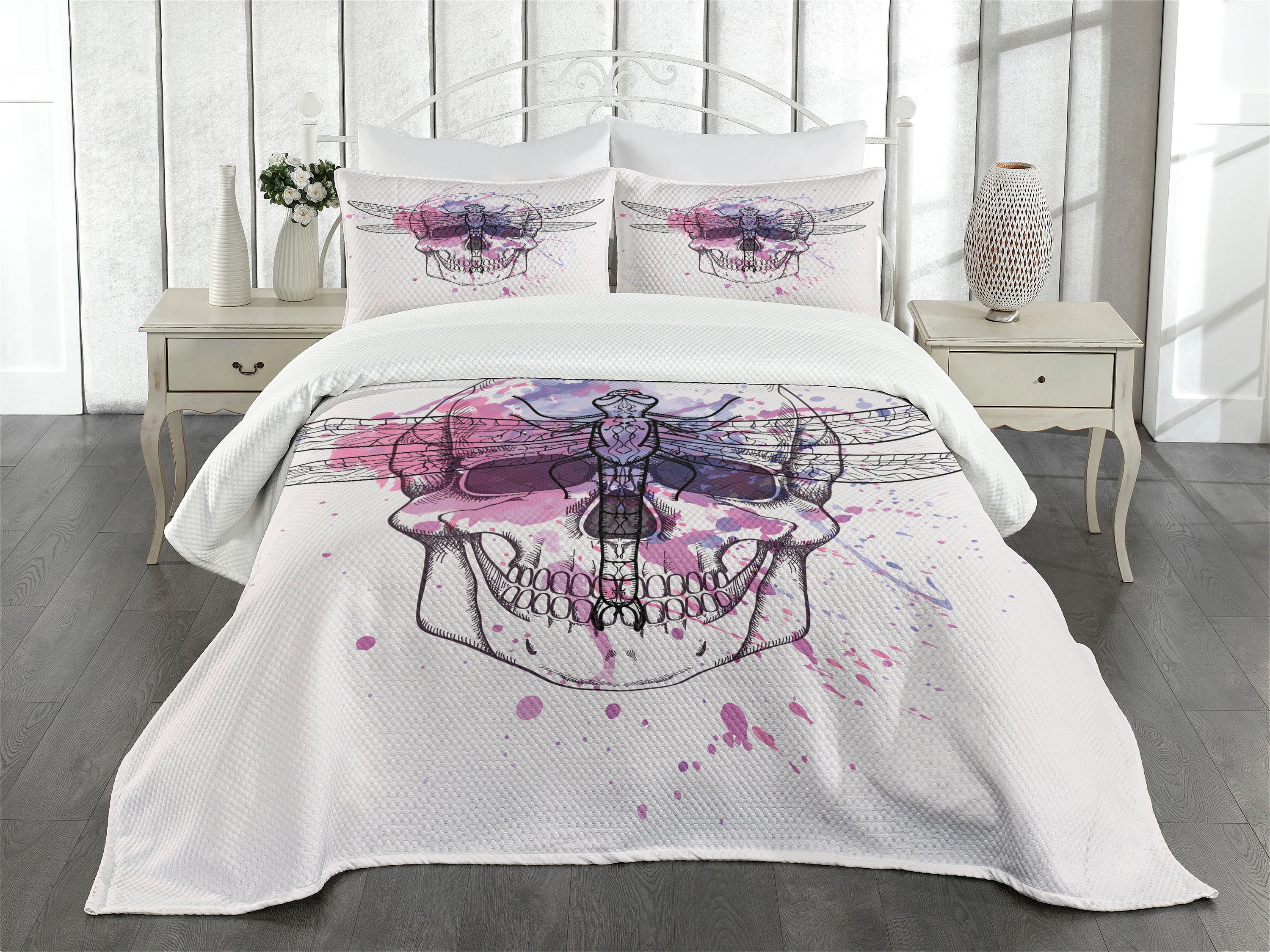 Ambesonne Skull Quilted Bedspread Set 3 Pcs, Skull Dragonfly Grunge ...