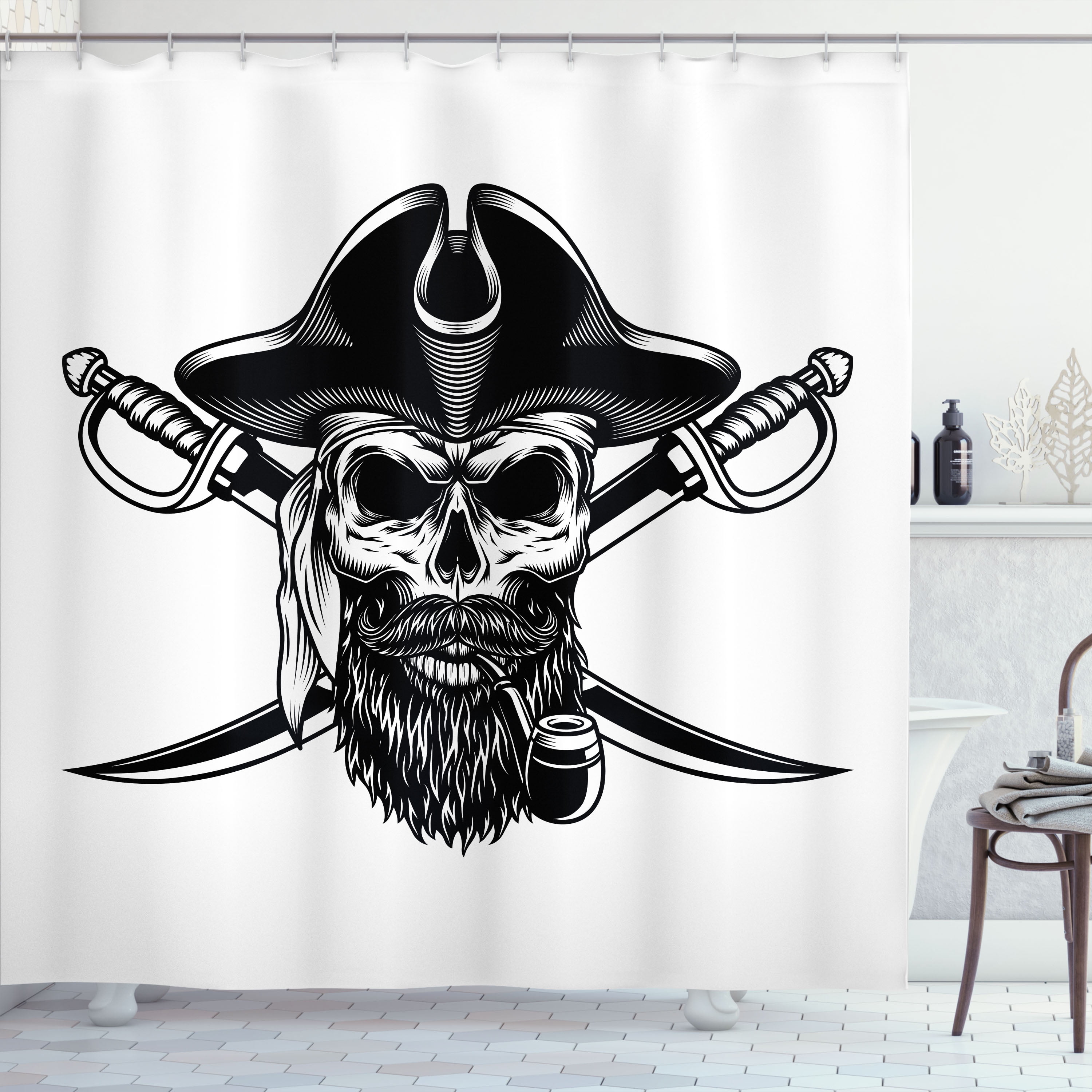 Ambesonne Skull Smoking Shower Curtain, Bearded Pirate Head, 69"Wx75"L ...