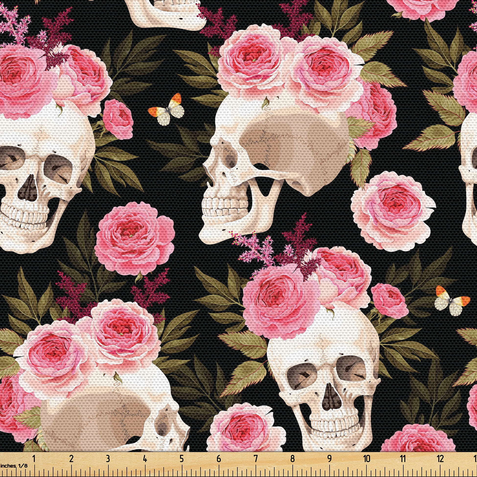 Ambesonne Skulls and Roses Fabric by the Yard Upholstery, Peonies on ...