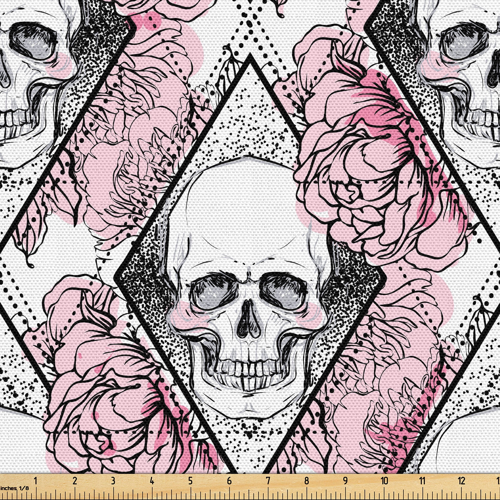 Ambesonne Skulls and Roses Fabric by the Yard Upholstery, Rhomboid ...
