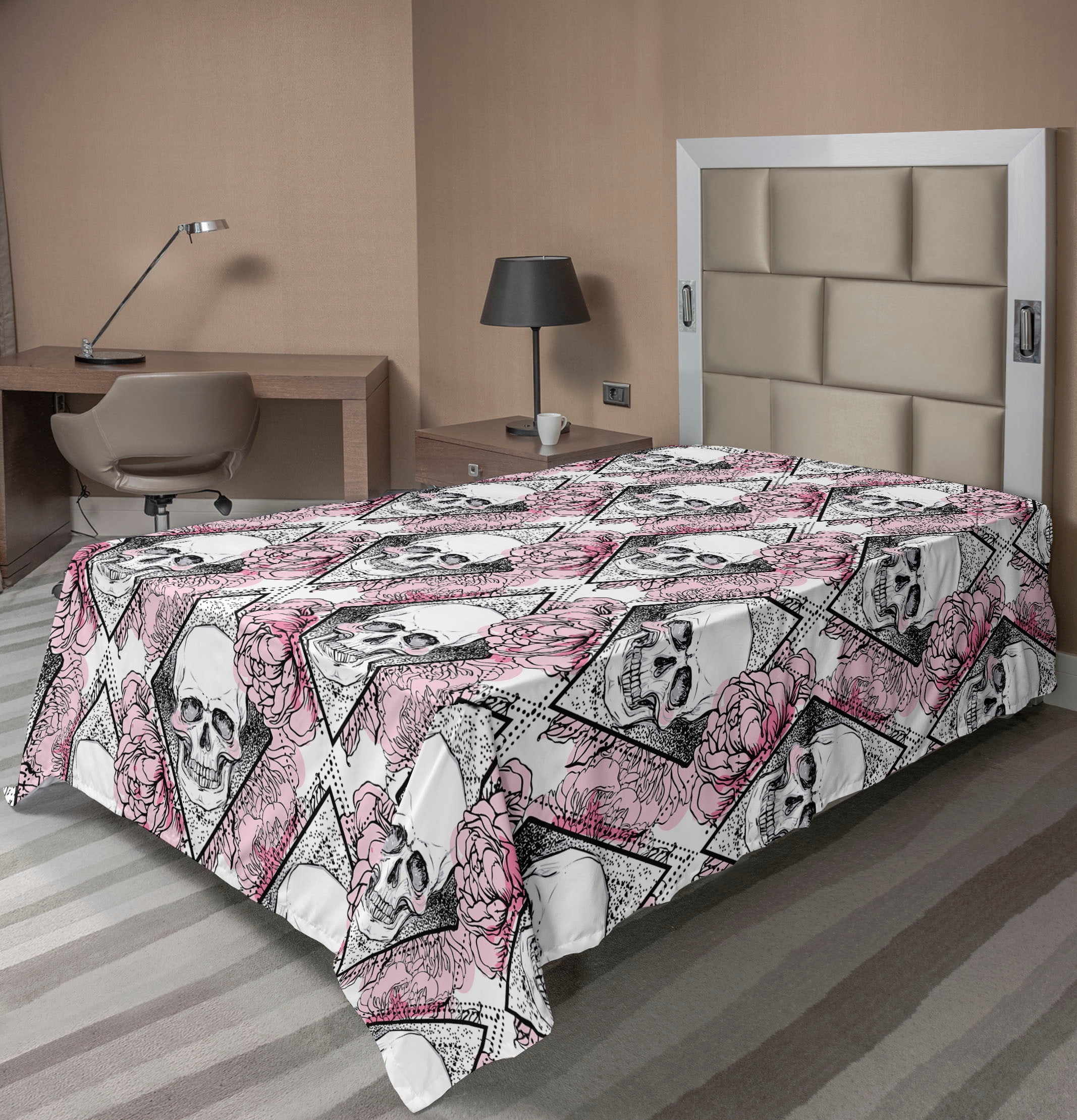Ambesonne Skulls and Roses Flat Bedding Sheet Soft Top Sheet, Rhomboid ...