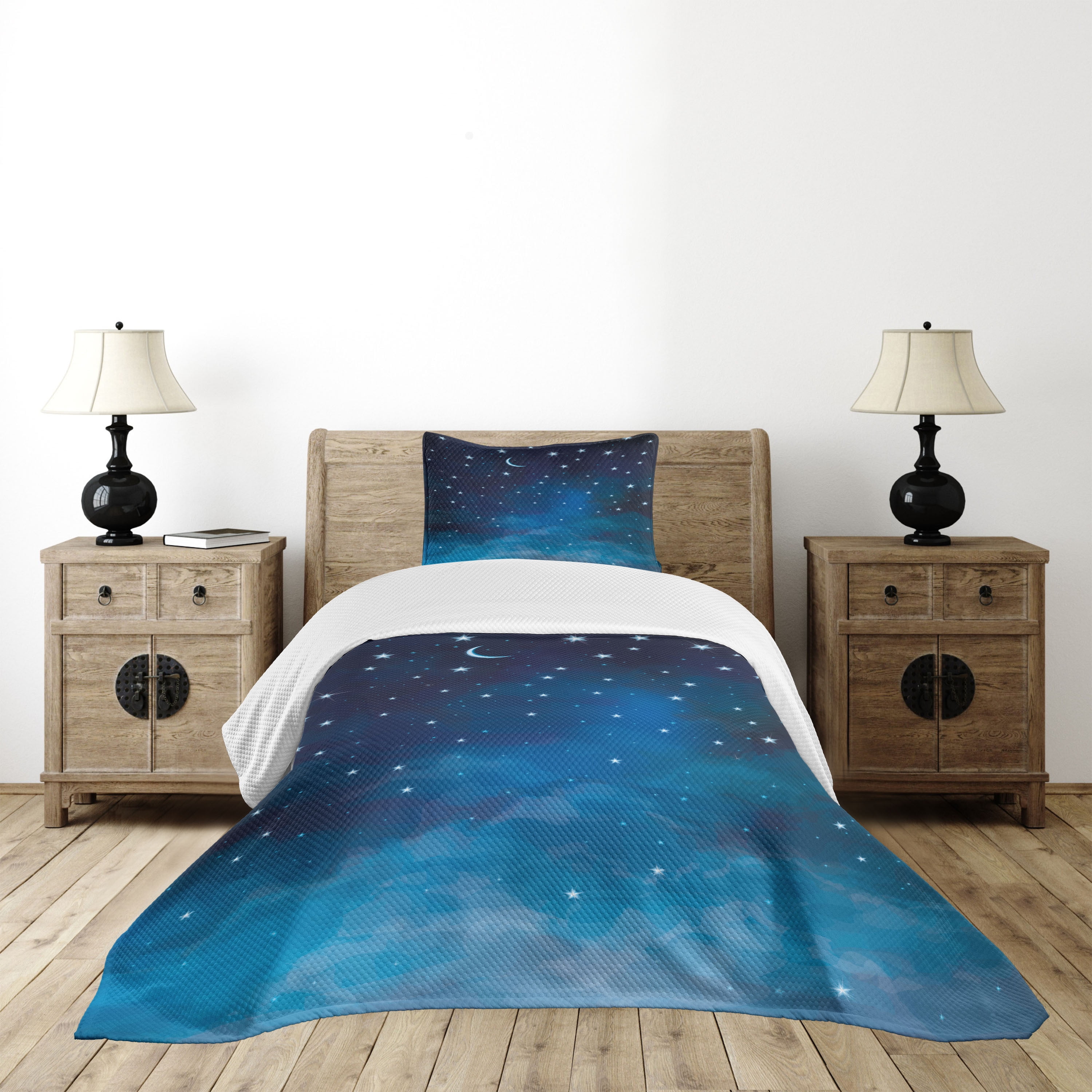 Ambesonne Sky Quilted Bedspread Set 2 Pcs, Night Time with Moon Star ...