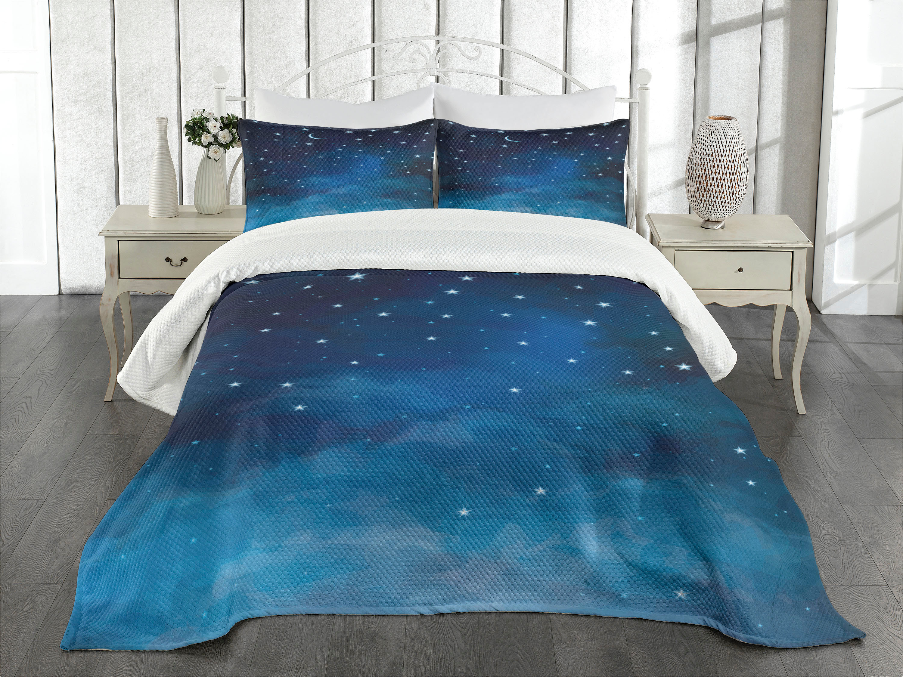 Ambesonne Sky Quilted Bedspread Set 3 Pcs, Night Time with Moon Star ...