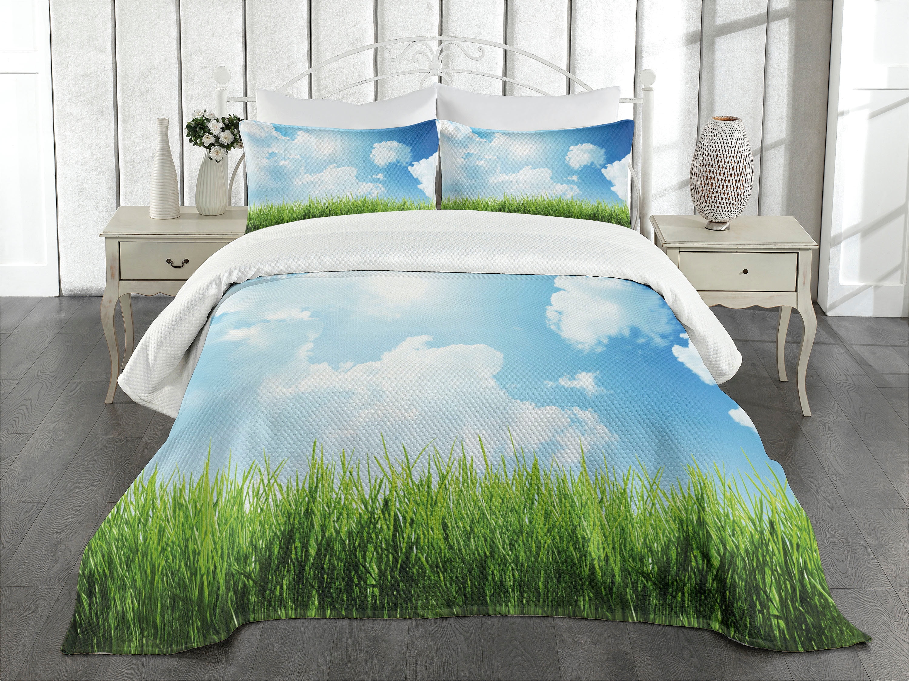 Ambesonne Sky Quilted Bedspread Set 3 Pcs, Sunny Day Grass Clouds ...